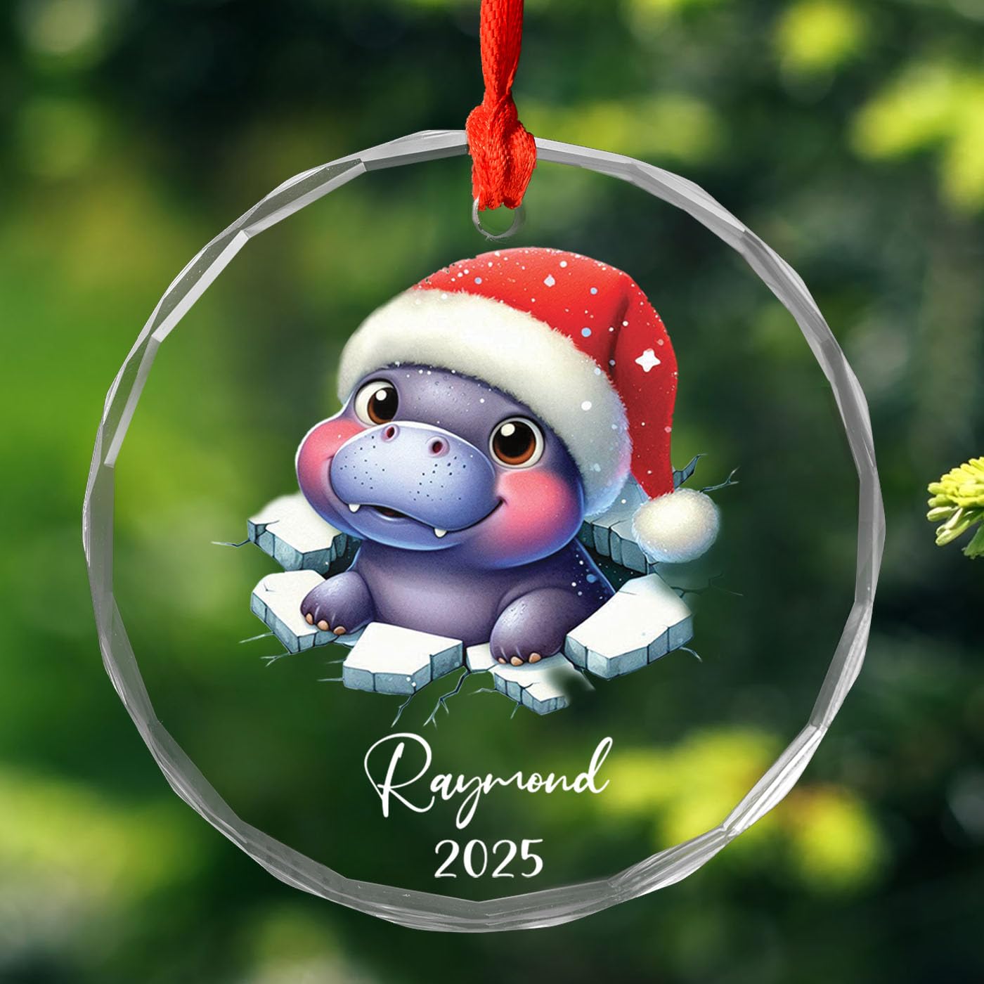 Customized Year Name Hippo Animal Glass Christmas Ornament 2025, Cute ...