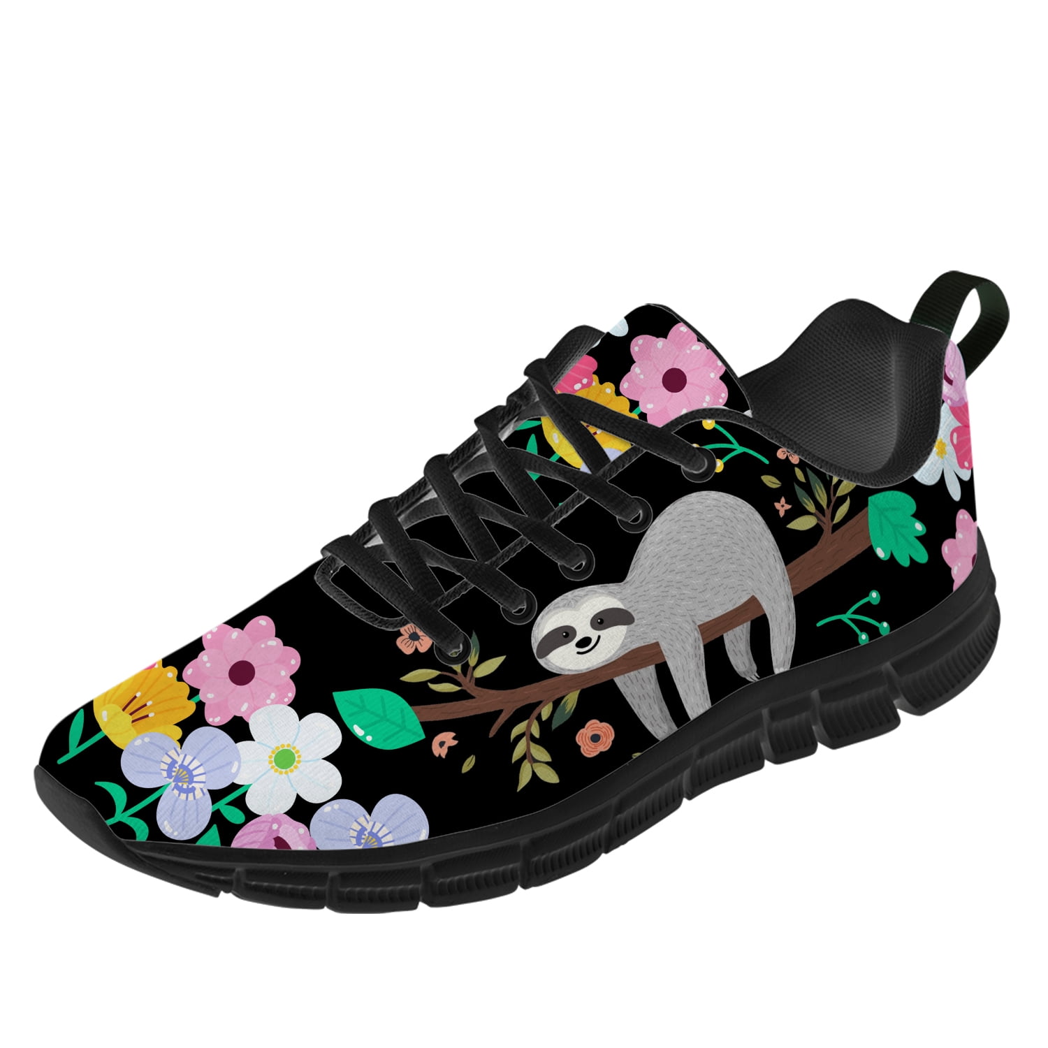 Customuart Sloth Shoes for Women Running Shoes Flower Sneakers Black ...