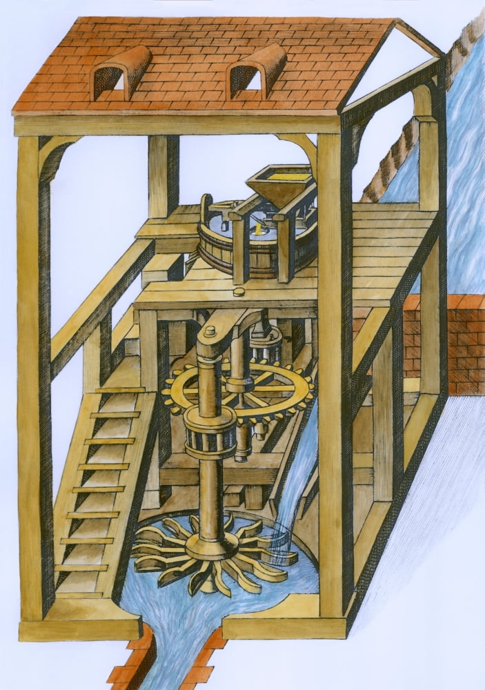 Cut-Away View Of Water-Powered Mill Showing Horizontal Wheel With ...