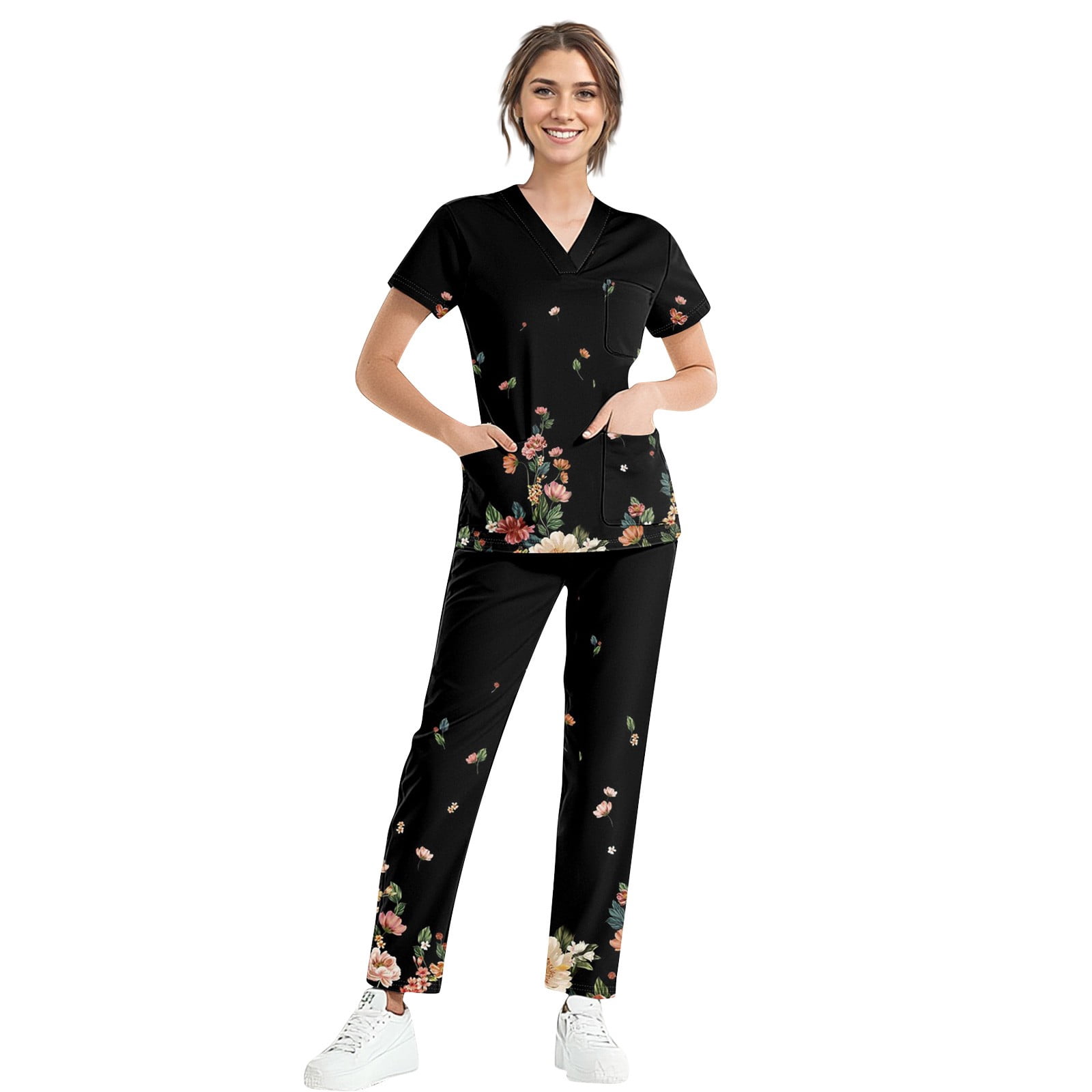 Cut Out Summer Short Sleeve Scrub Women Work Basic V-Neck Comfort ...