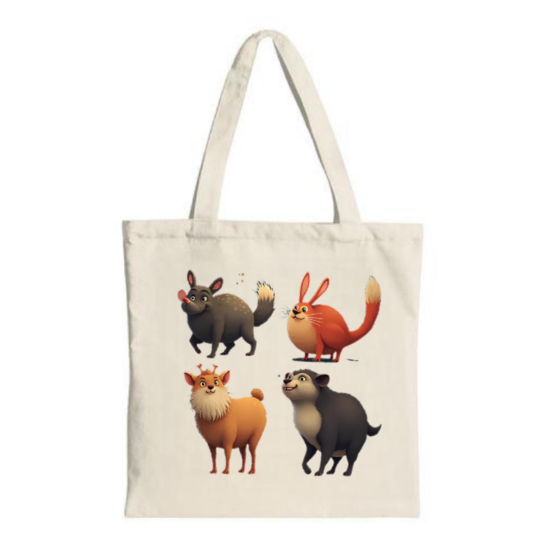 Cute 2x2 design tote bag featuring playful cartoon animals: fluffy ...