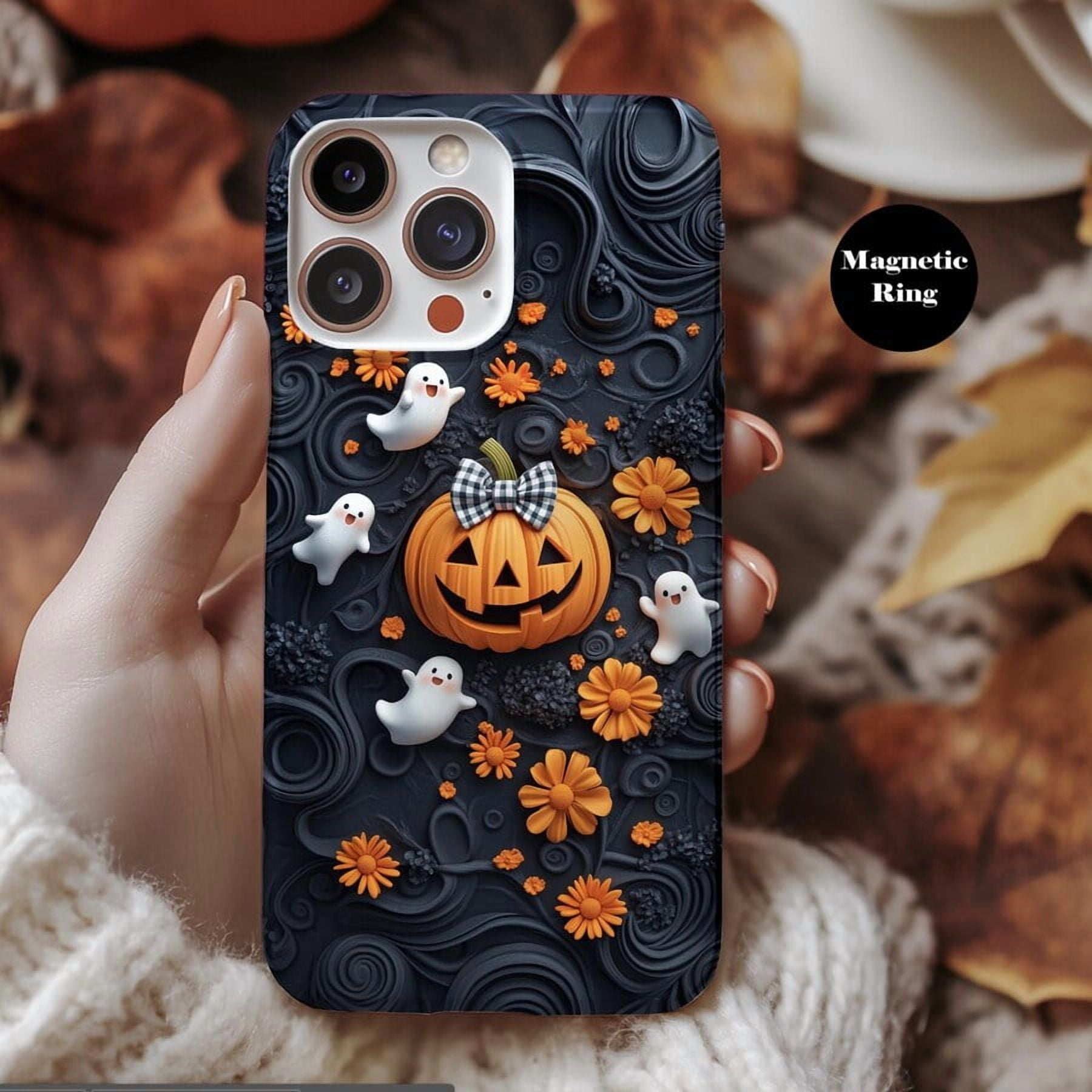 Cute 3D Pumpkin and Ghosts Halloween Phone Case with Plaid Bow 11 12 13 ...