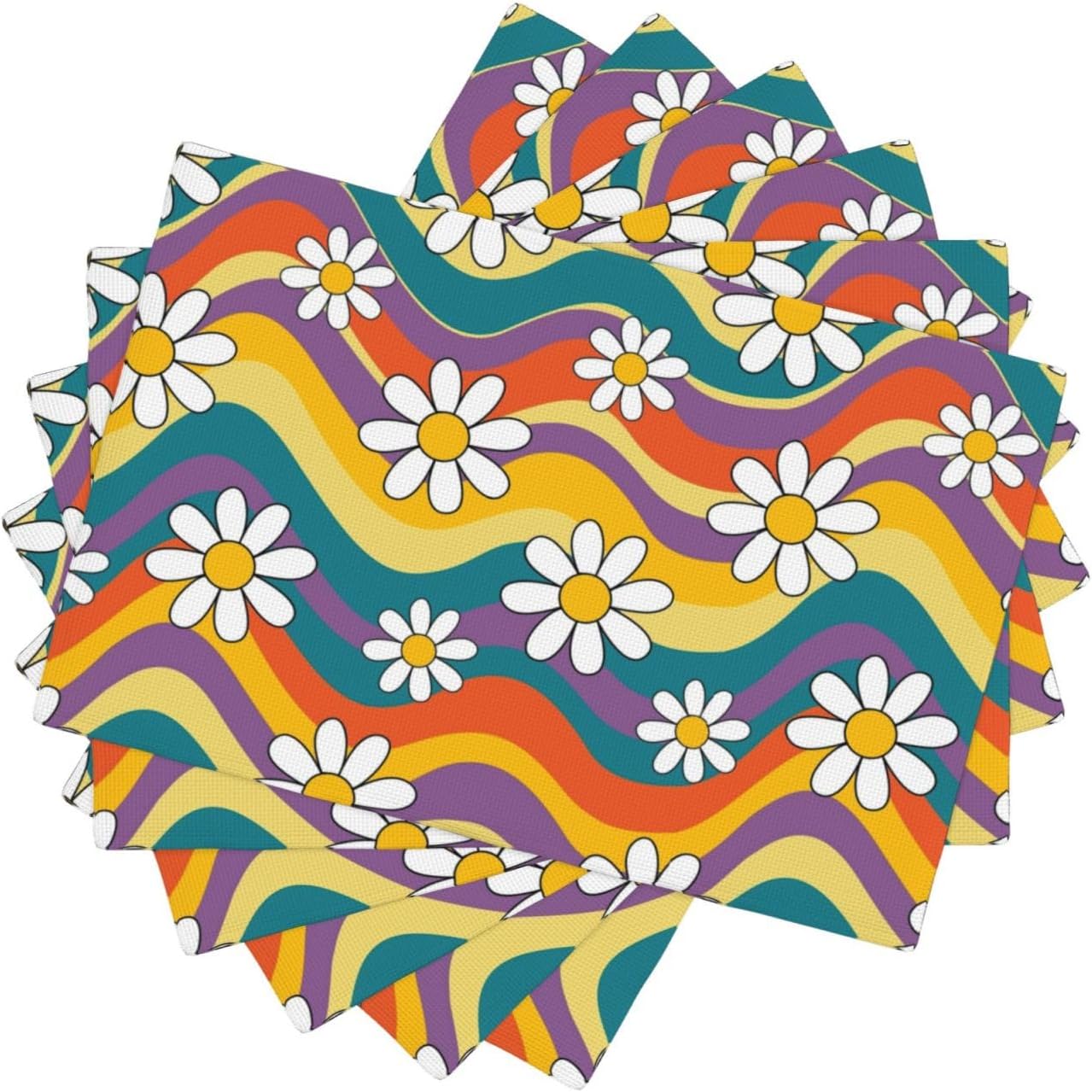Cute 60s 70s Retro Rainbow Flowe Placemats, Cartoon Vintage Colorful ...