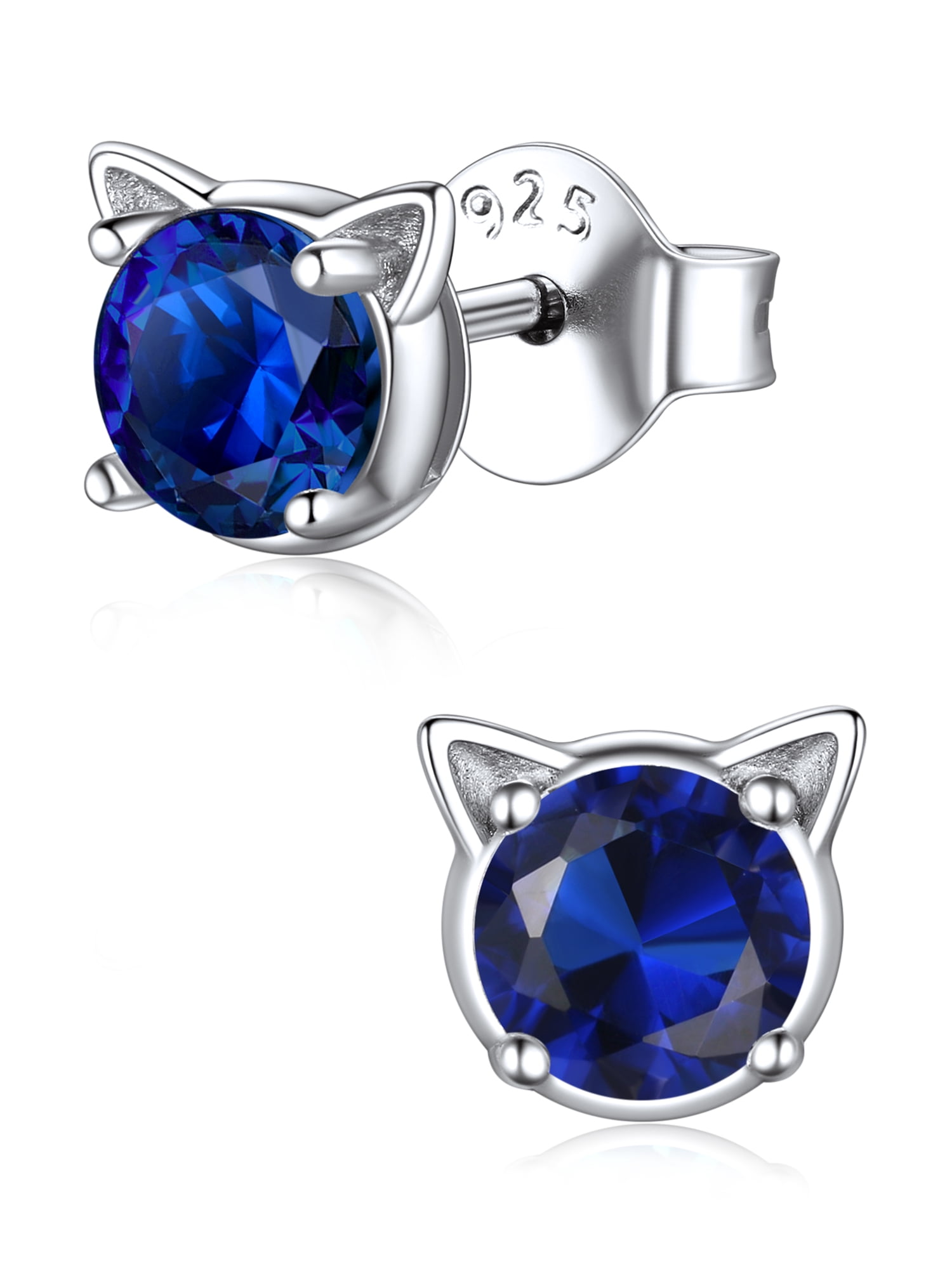ChicSilver Cat Earrings, 925 Sterling Silver, Round Sapphire Stud ...