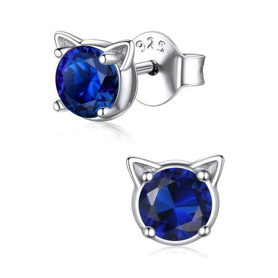 ChicSilver Cat Earrings, 925 Sterling Silver, Round Sapphire Stud ...