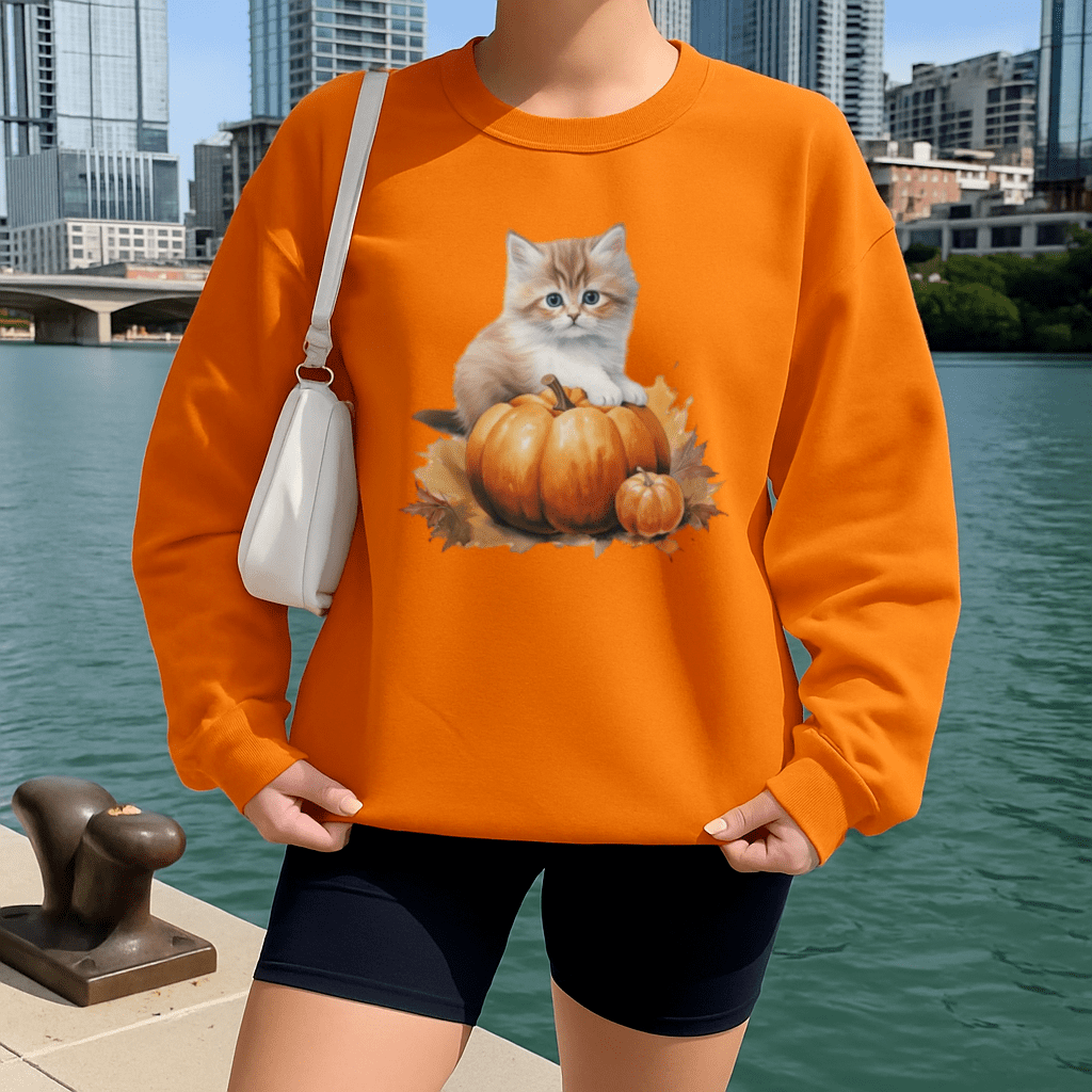 Cute Adorable Autumn Kitten with Pumpkins Fall Sweatshirt, up to Size ...