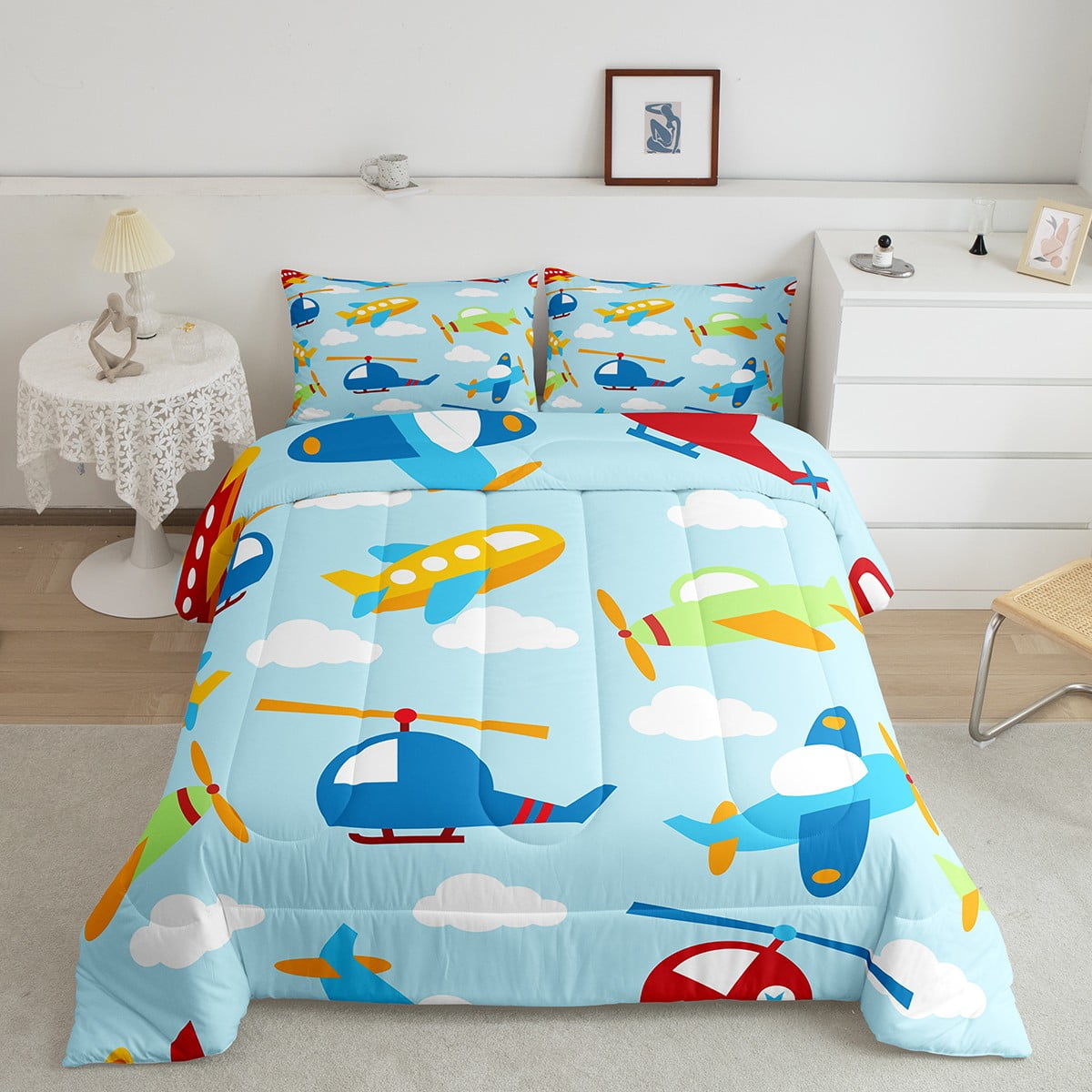 Cute Aircraft Bedding Set Twin,Airplane Kawaii Comforter Set Helicopter ...