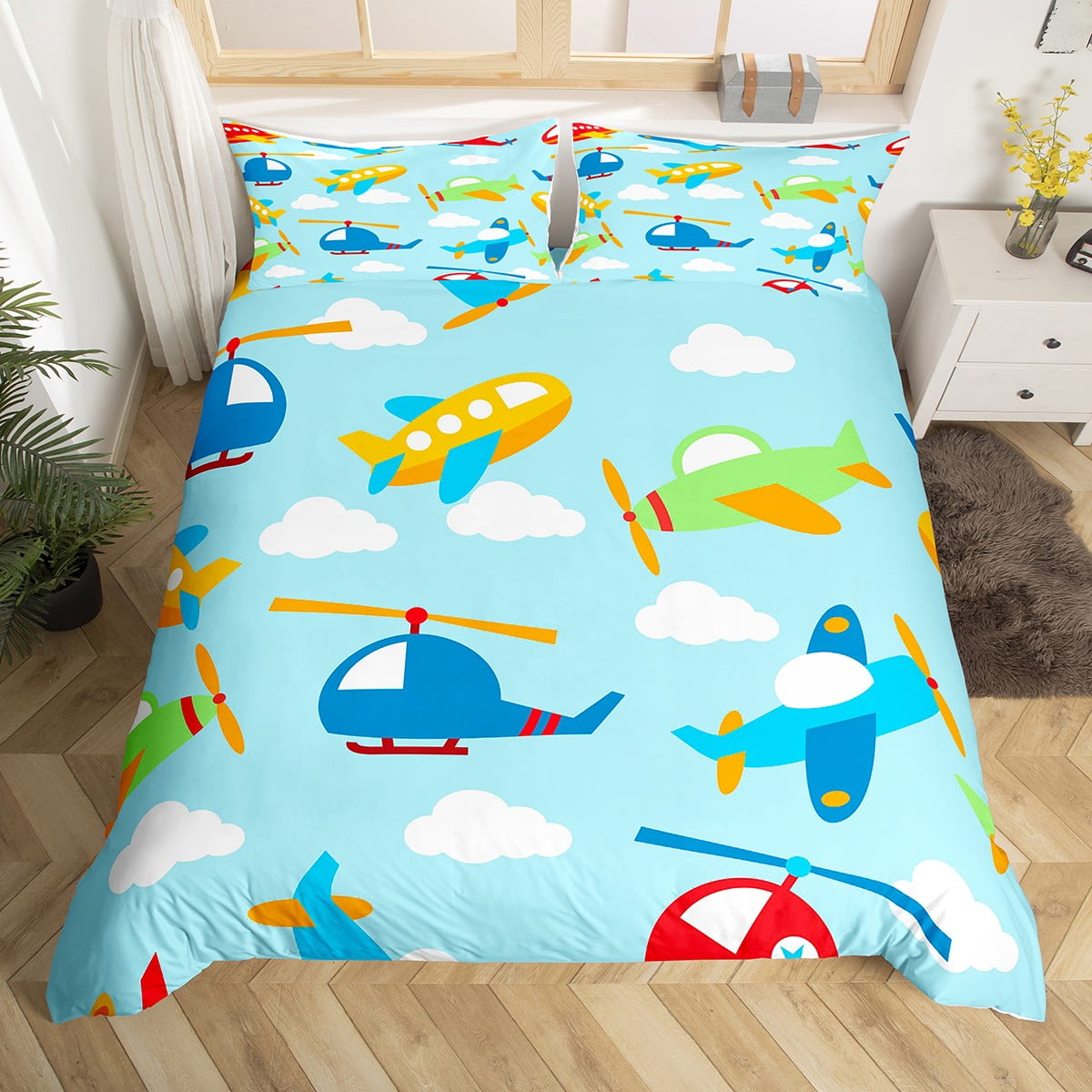 Cute Aircraft Duvet Cover Queen,Airplane Kawaii Bedding Set Helicopter ...