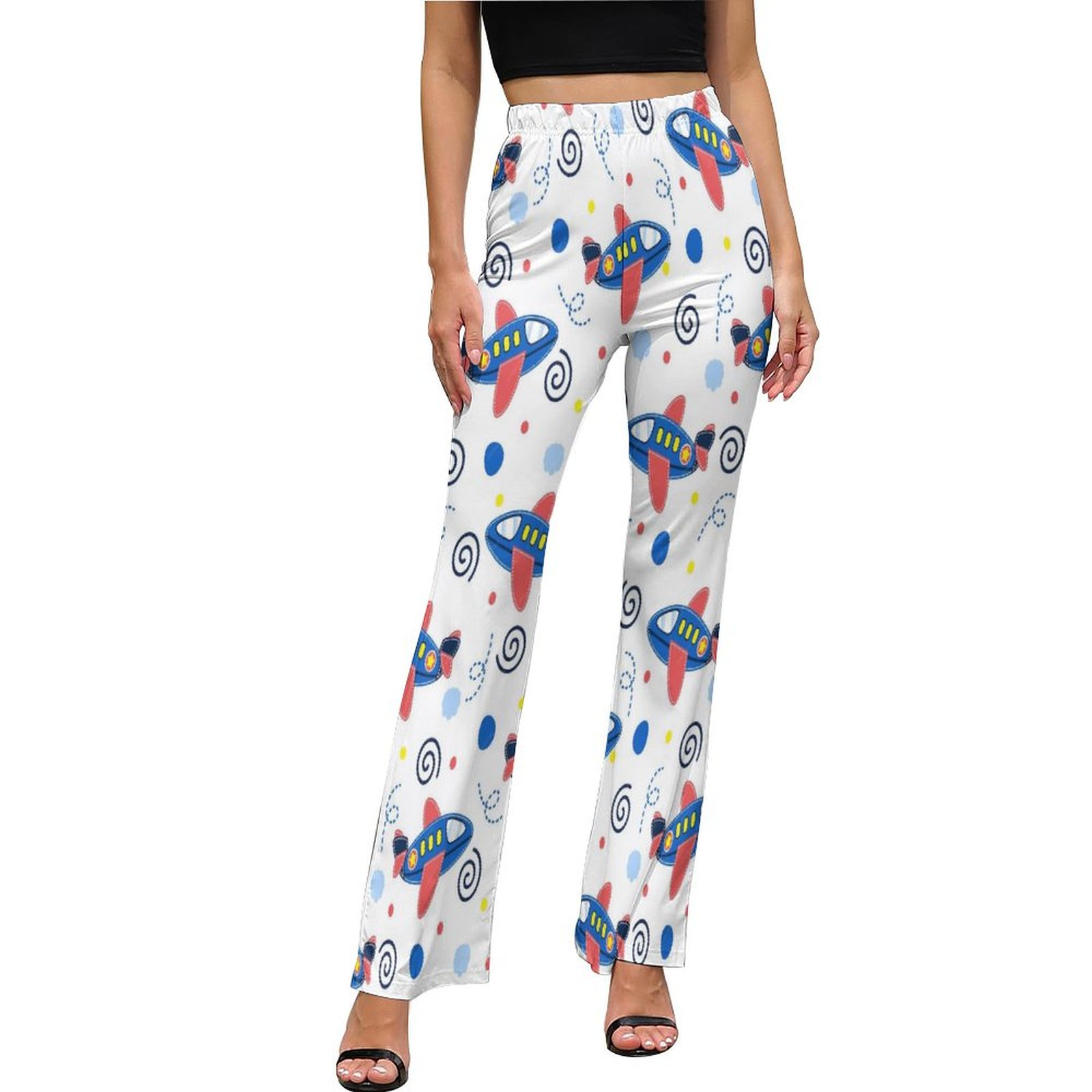 Cute Airplane Pattern High Waisted Casual Flared Trousers Summer Home ...