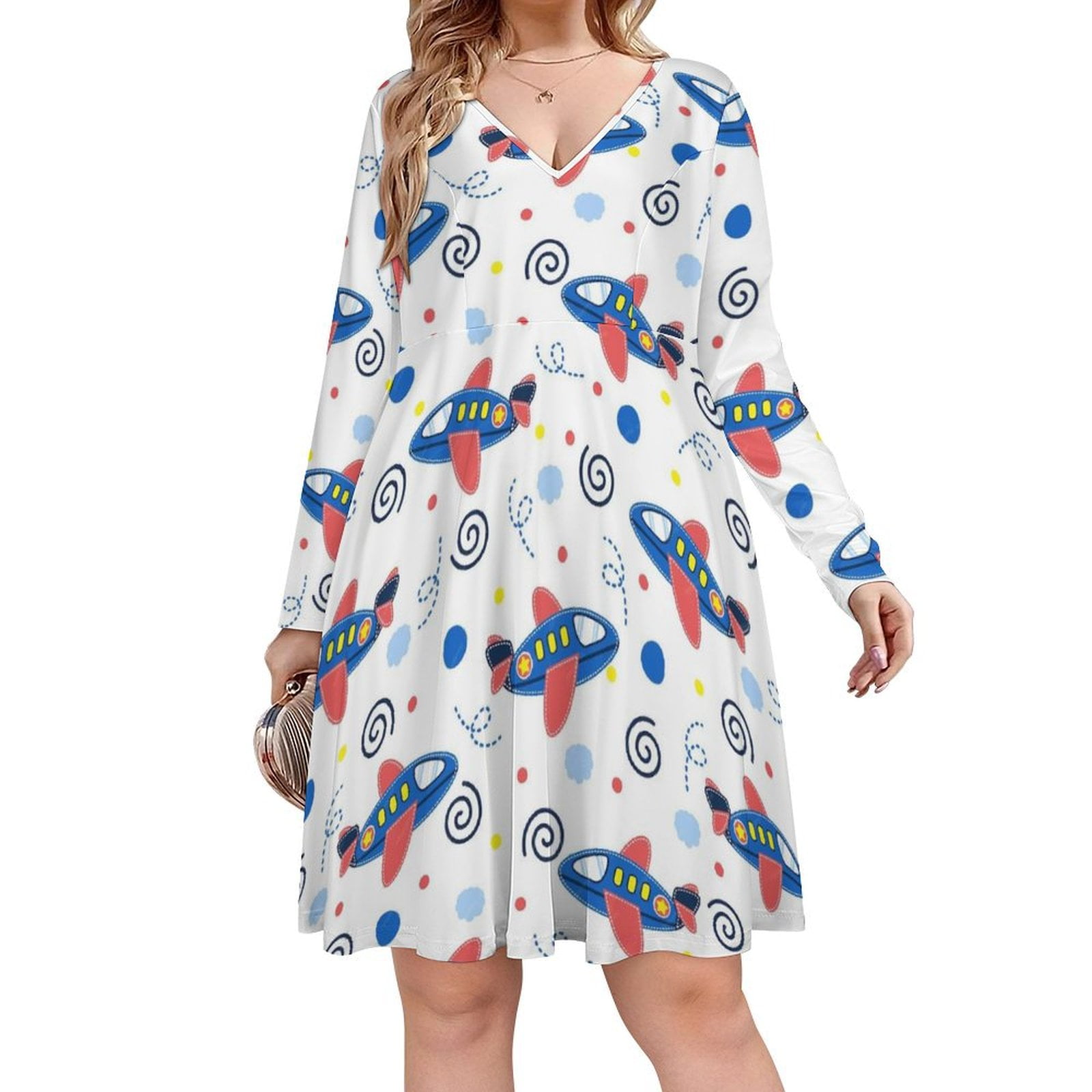 Cute Airplane Pattern Long Sleeve Dresses For Women Vintage Elegant Party Dress Oversized V-neck ...