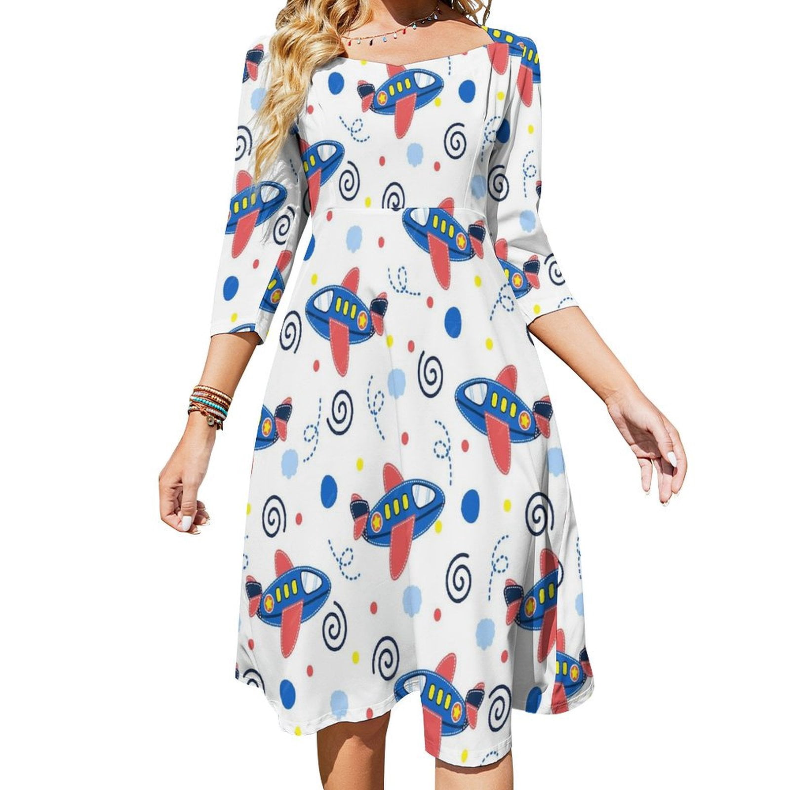 Cute Airplane Pattern Sweetheart Knot Flared Dress Fashion Design Large ...