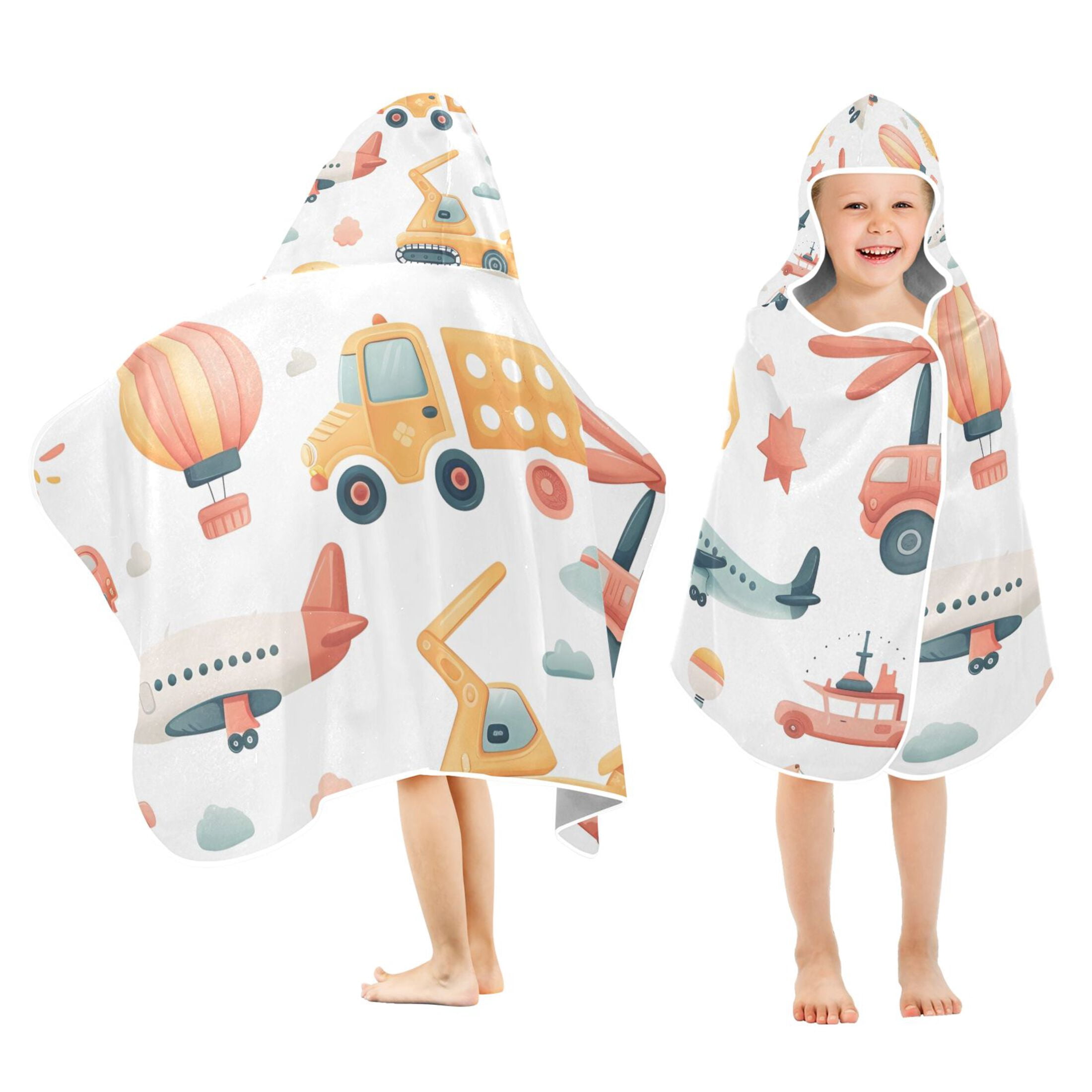 Cute Airplane and Excavator Kids Hooded Beach Towel Baby Bath Poncho ...