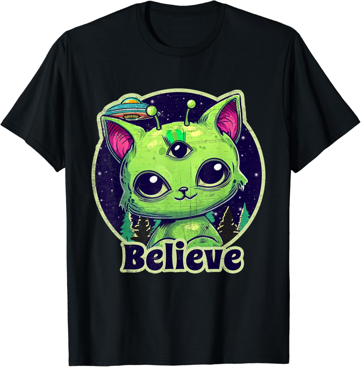 Cute Alien Cat Belive in UFO Kawaii T-Shirt - Walmart.com