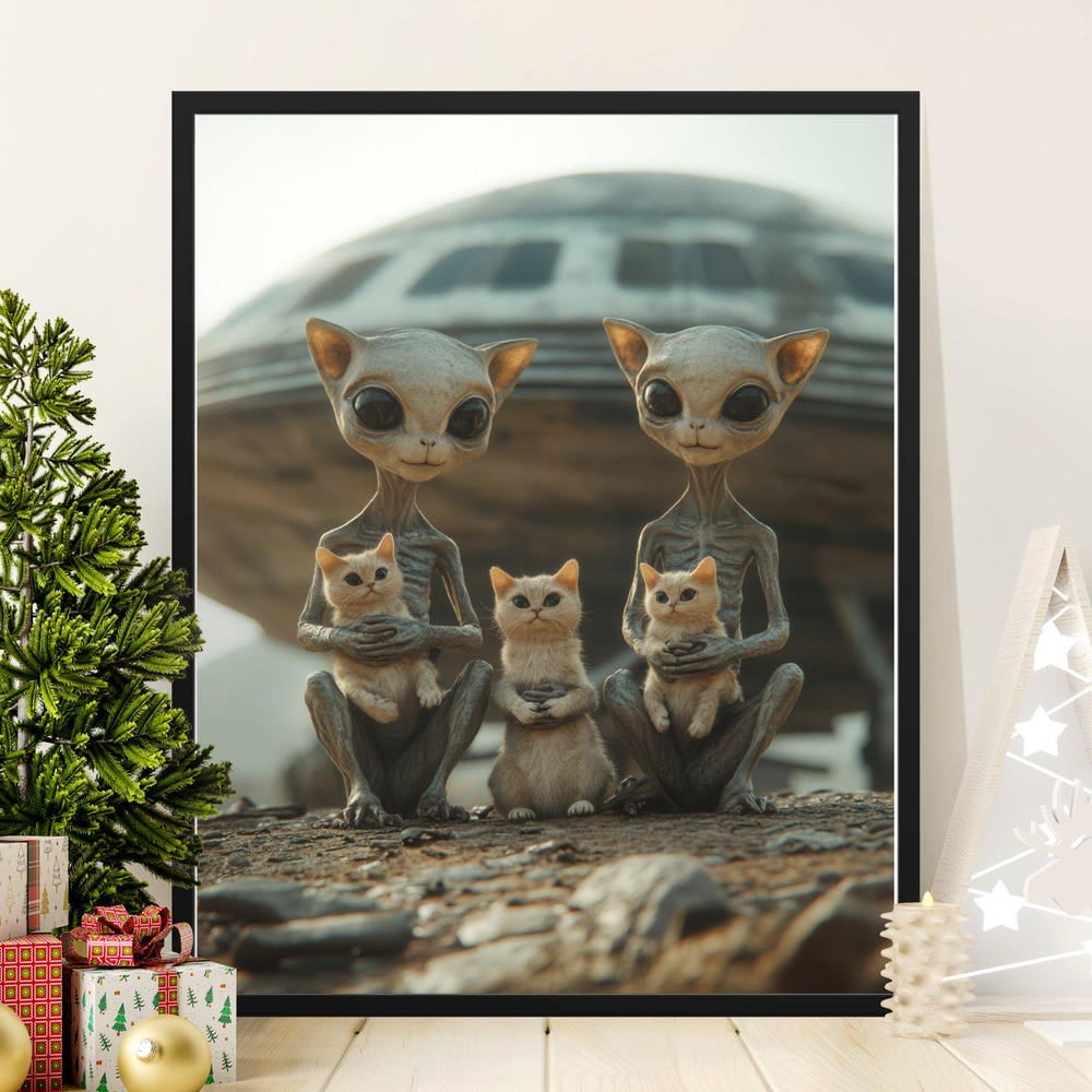 Cute Alien Family Poster, Sci Fi Alien Cats Art Print, Unique Wall ...