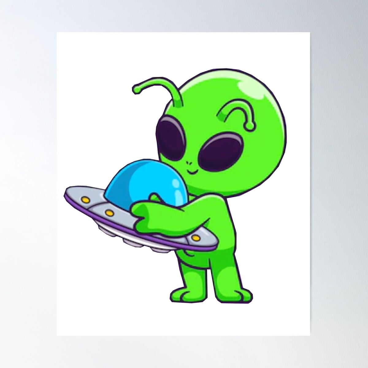 Cute Alien Hugging A Ufo Cartoon. Poster Wall Art, Modern Wall Decor ...