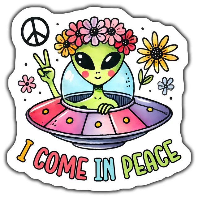 Cute Alien Sticker, I Come In Peace Sticker, Flower Crown Alien Decal ...