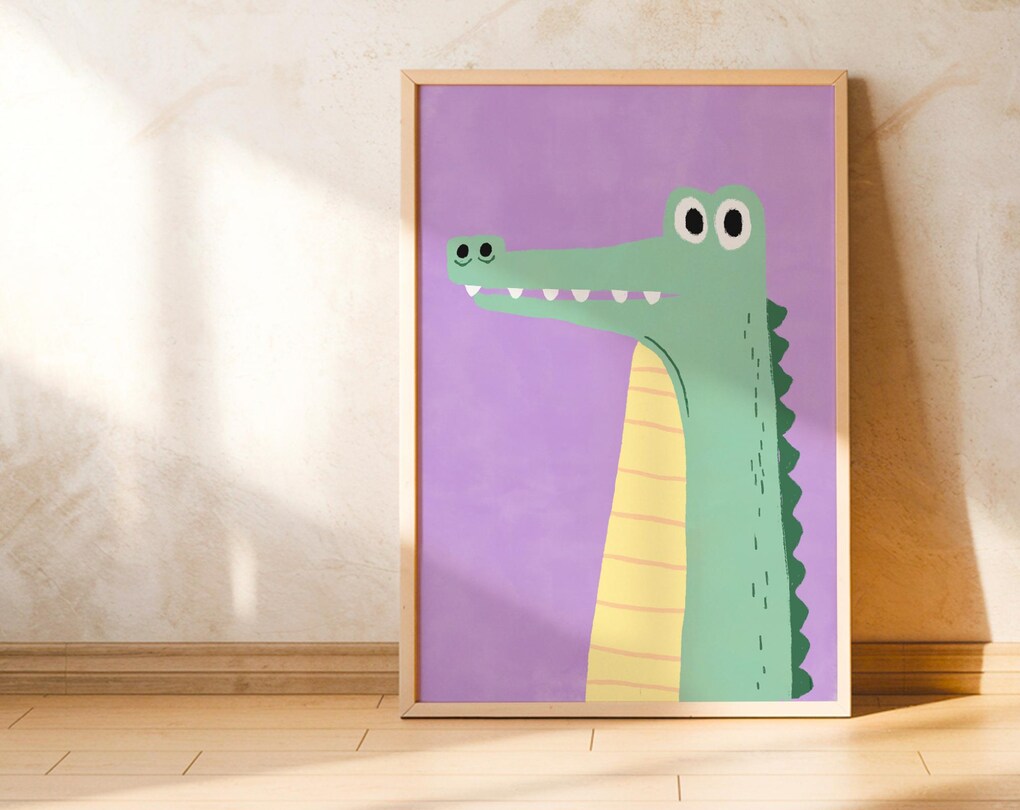 Cute Alligator Kids Wall Art Playful Green Crocodile Print Nursery Room ...