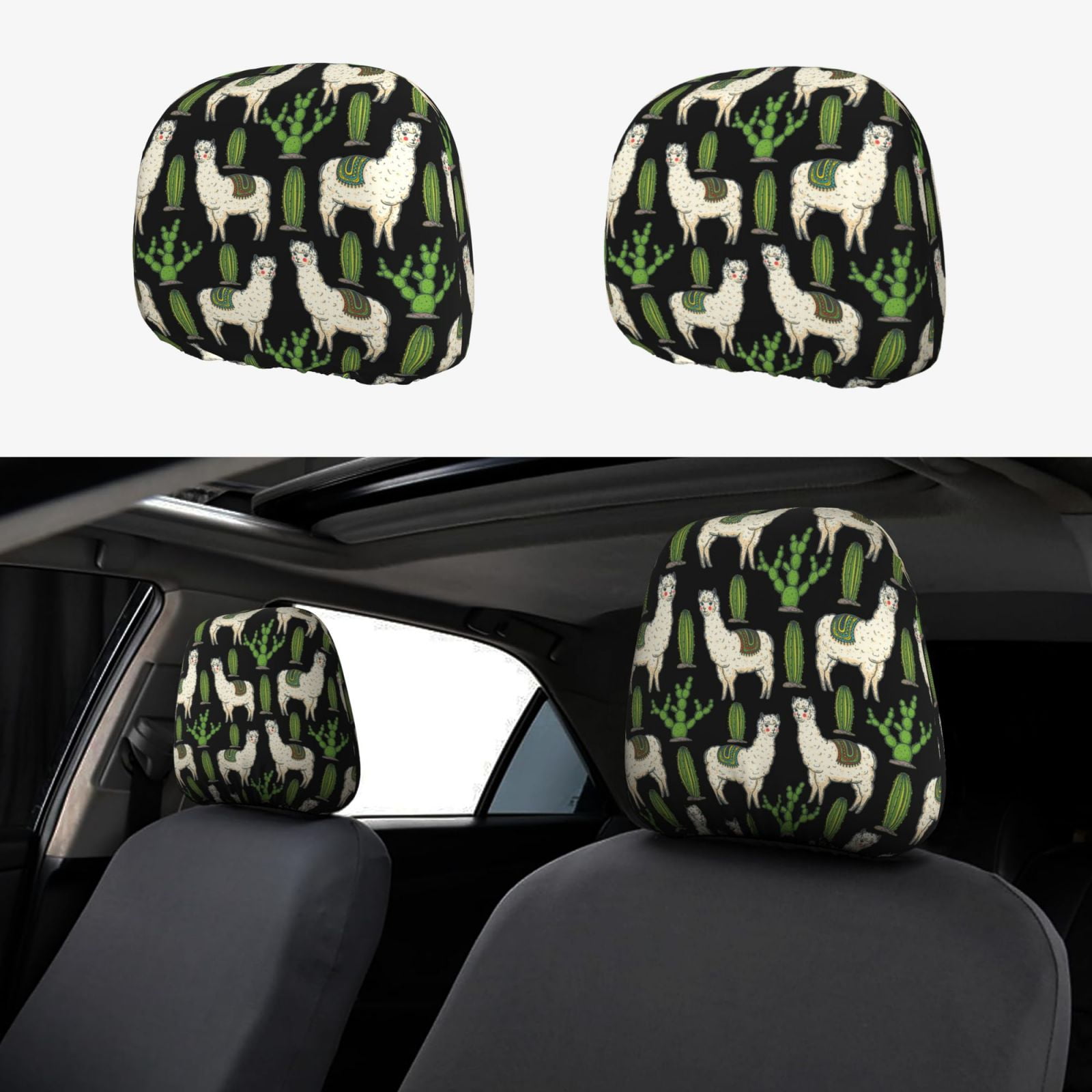 Cute Alpaca Cactus Green Headrest Cover for Cars, 2Pack Car Headrest ...