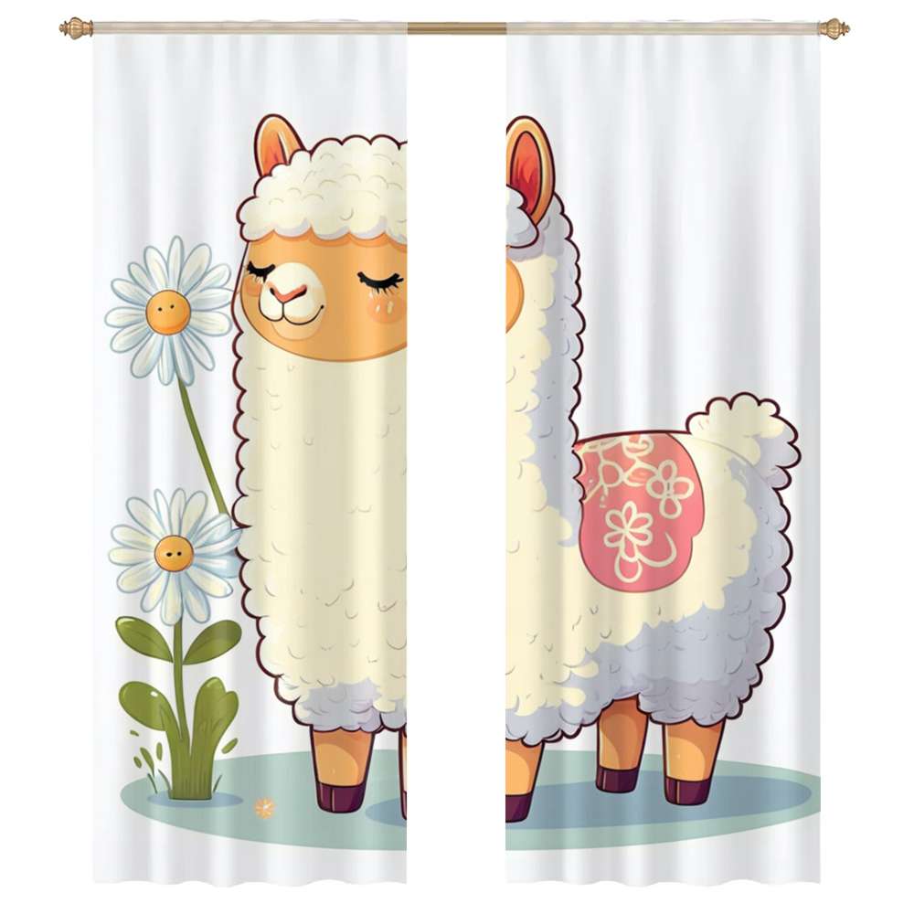 Cute Alpaca Flower Print Sheer Voile Curtain Window Tulle Curtains For ...