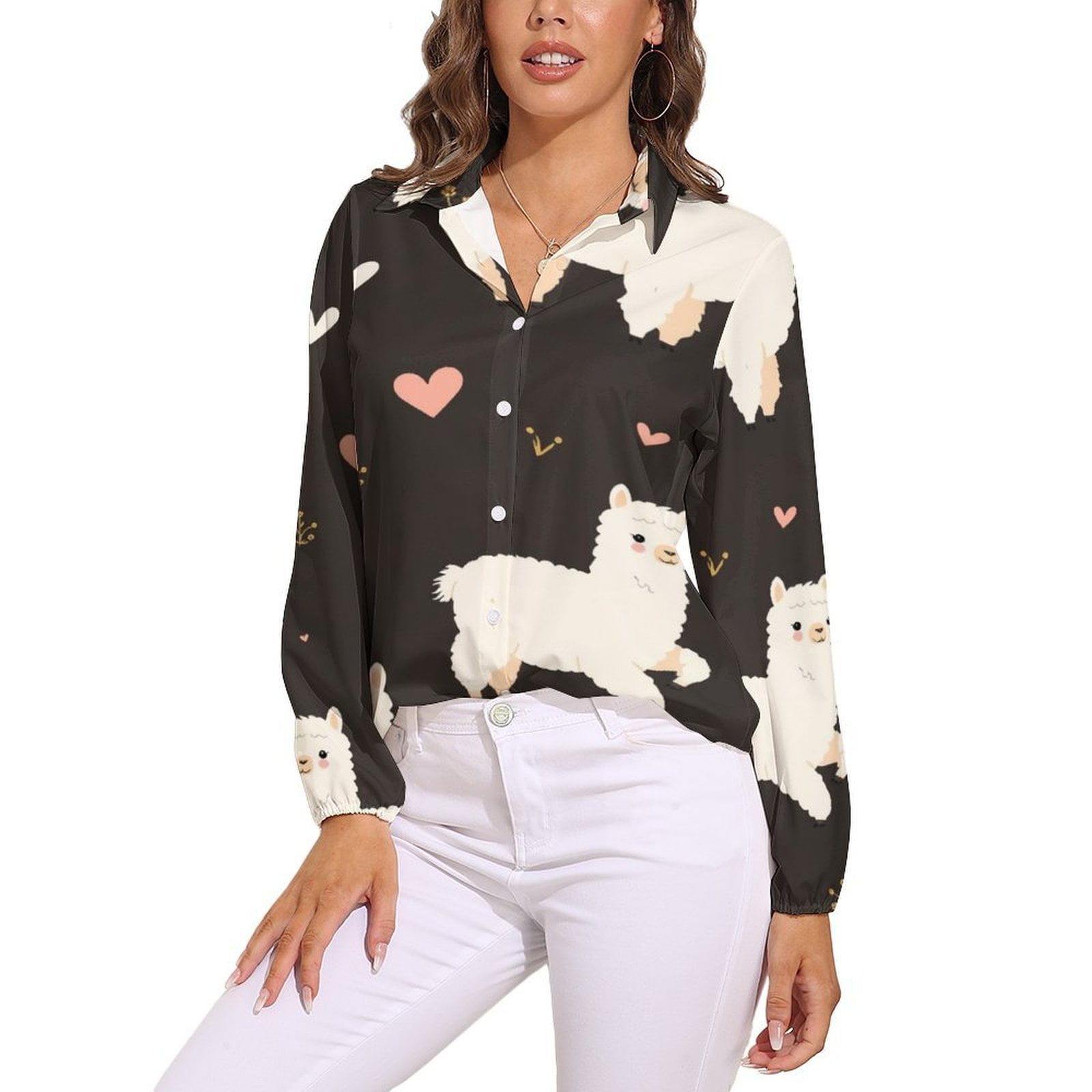 Cute Alpaca Heart Pattern Blouse For Women Loose Blouses Long Sleeve Shirts Casual Clothing ...