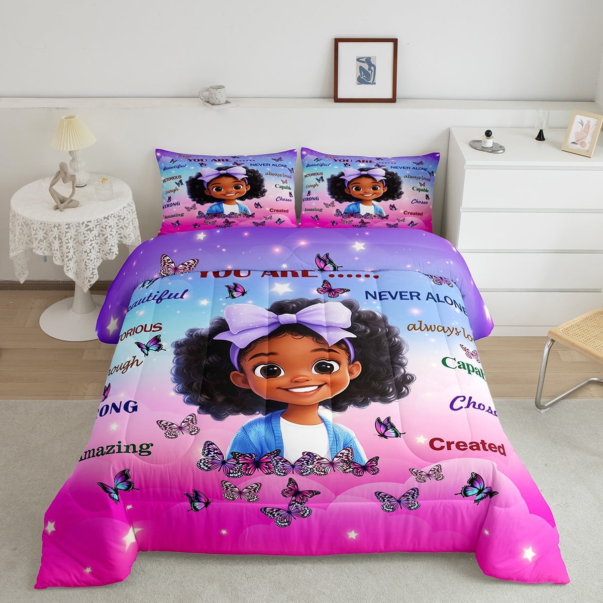 Cute American Comforter Set Queen Size,Black Princess Bowknot Butterfly ...
