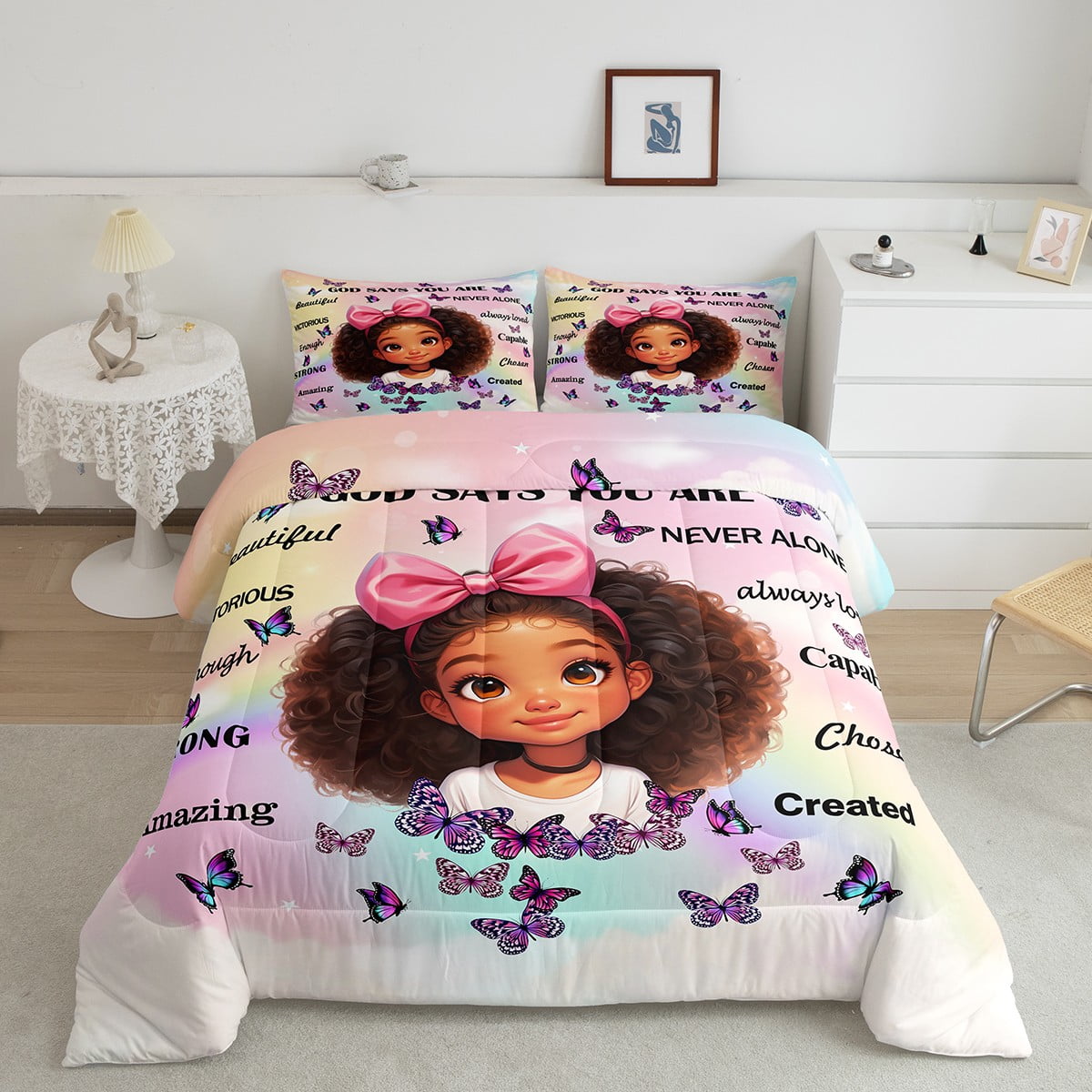 Cute American Girl Comforter Set Queen Size,Black Princess Bowknot Kids ...