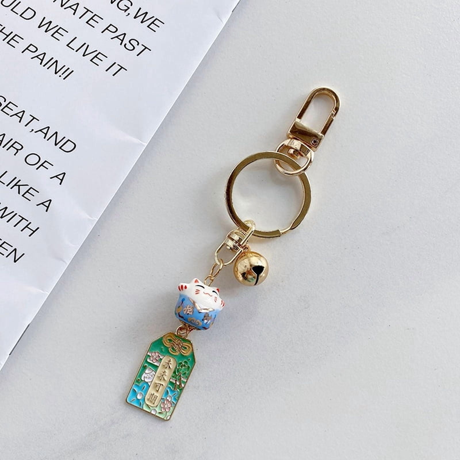 Cute Amulet Fortune Lucky Cat Keychain With Bell Ceramics Key Chain Car ...