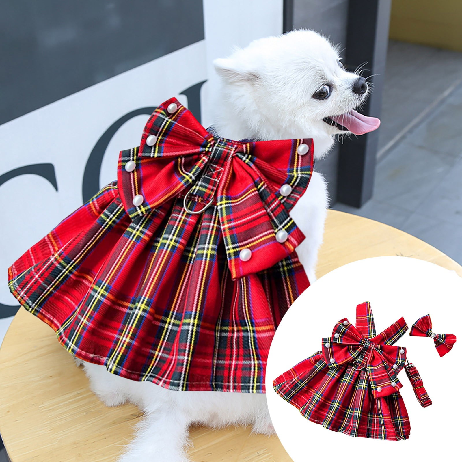 Cute And Stylish Plaid Print Dog Harness Dress With Bowknot For Small ...