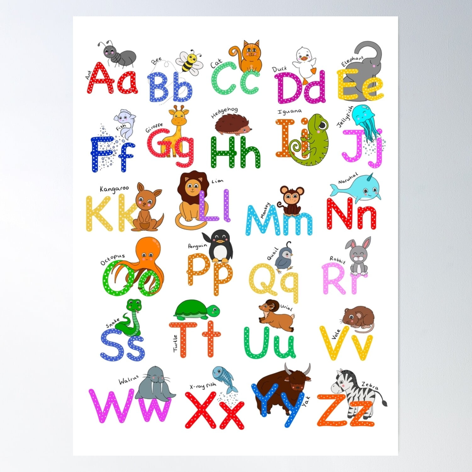 Cute Animal Alphabet Poster Wall Art, Modern Wall Decor, 24x36 UNFRAMED ...