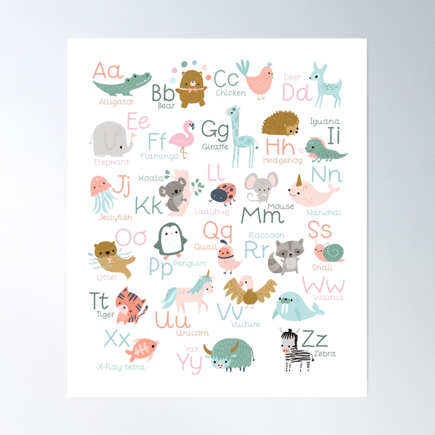 Cute Animal Alphabet Poster Wall Art, Modern Wall Decor, 8x12 UNFRAMED ...