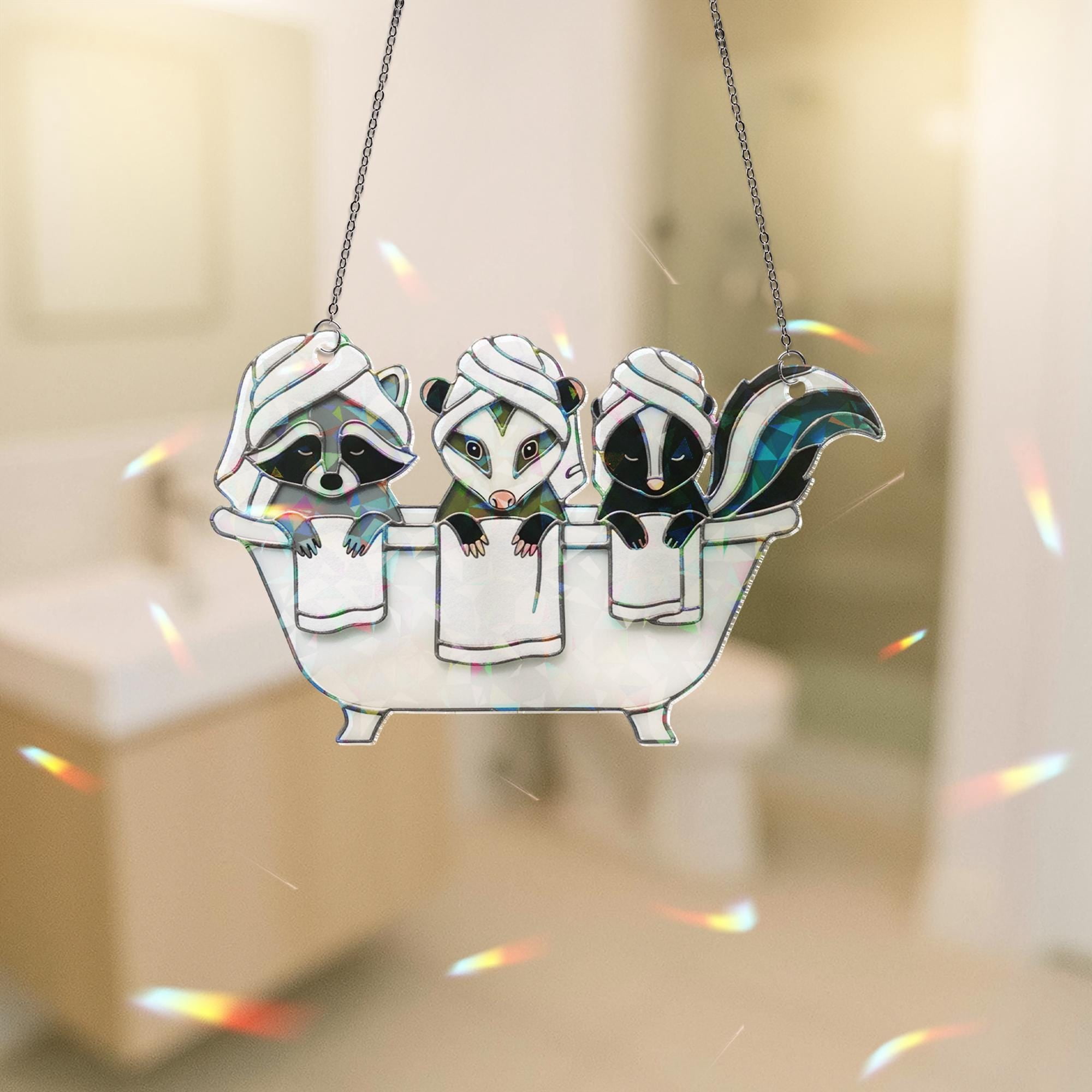Cute Animal Bathroom Decor, Holographic Acrylic Spa Suncatcher, Raccoon ...