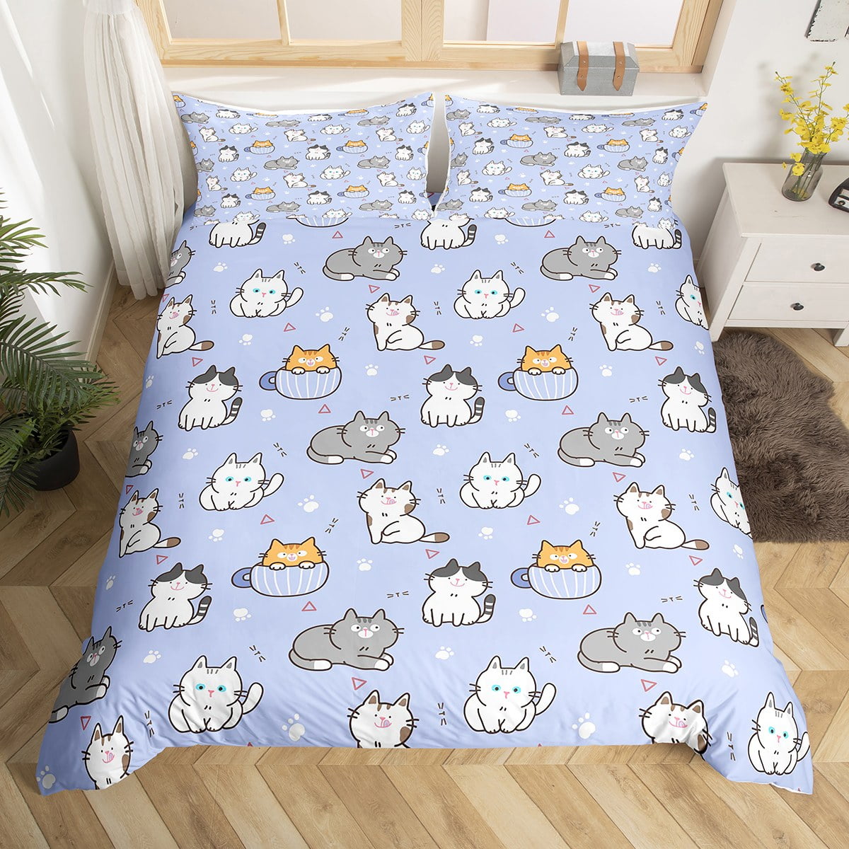 Cute Animal Bedding Sets King Girls Cat Comforter Cover for Kids Grey ...