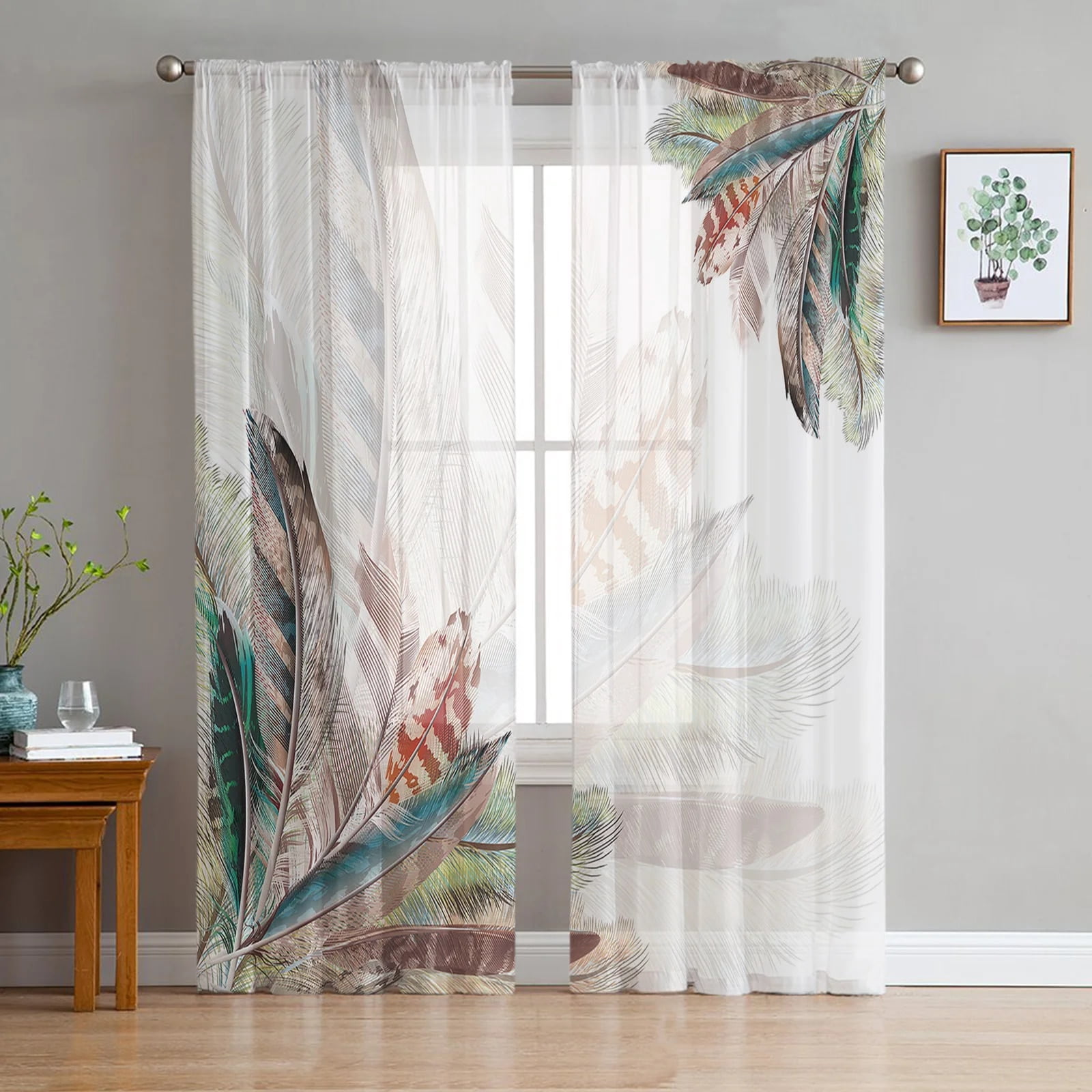 Cute Animal Colorful Feathers Sheer Curtains for Living Room Bedroom ...