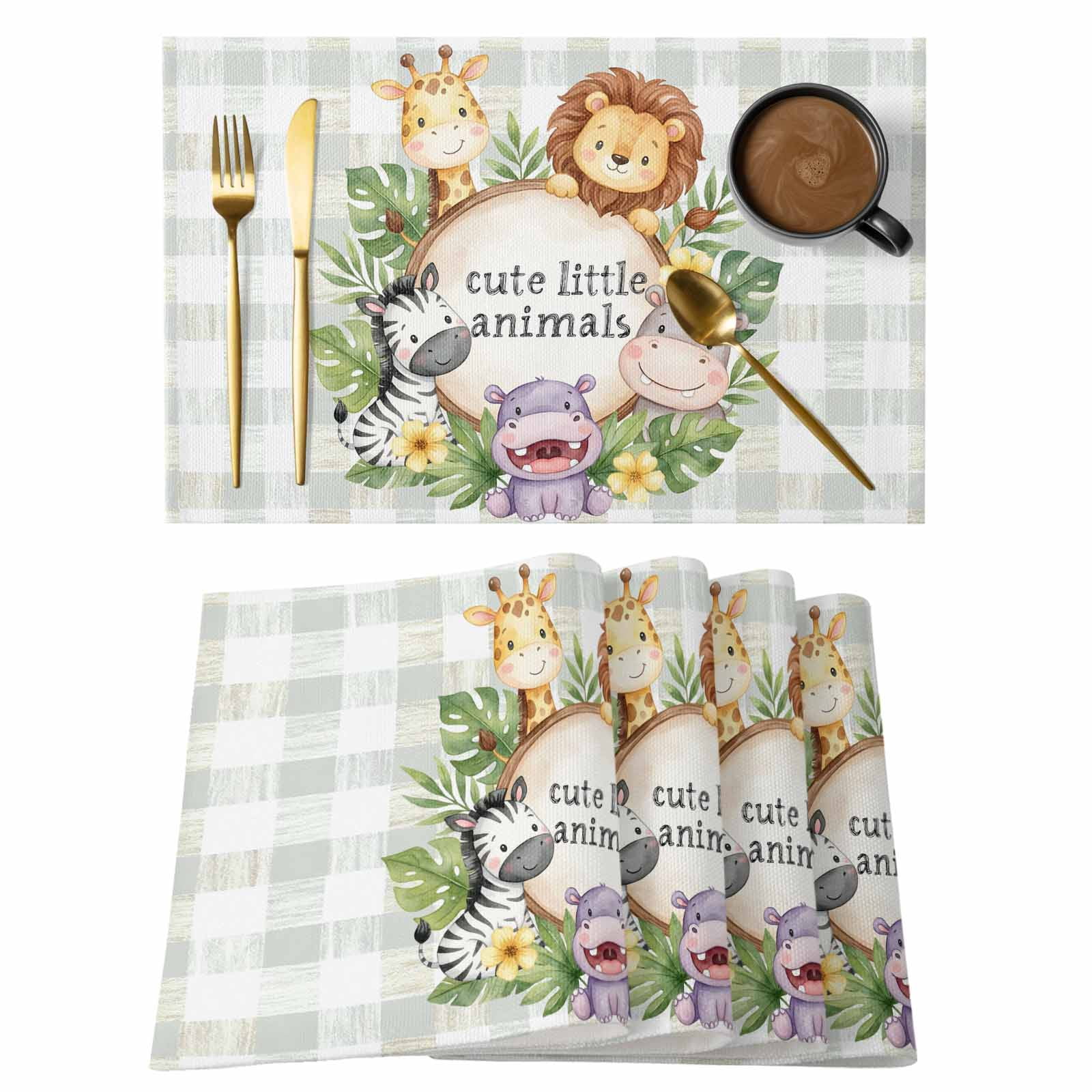 Cute Animal Cotton Linen Placemats Set of 12, Lions Zebra Giraffe Hippo ...