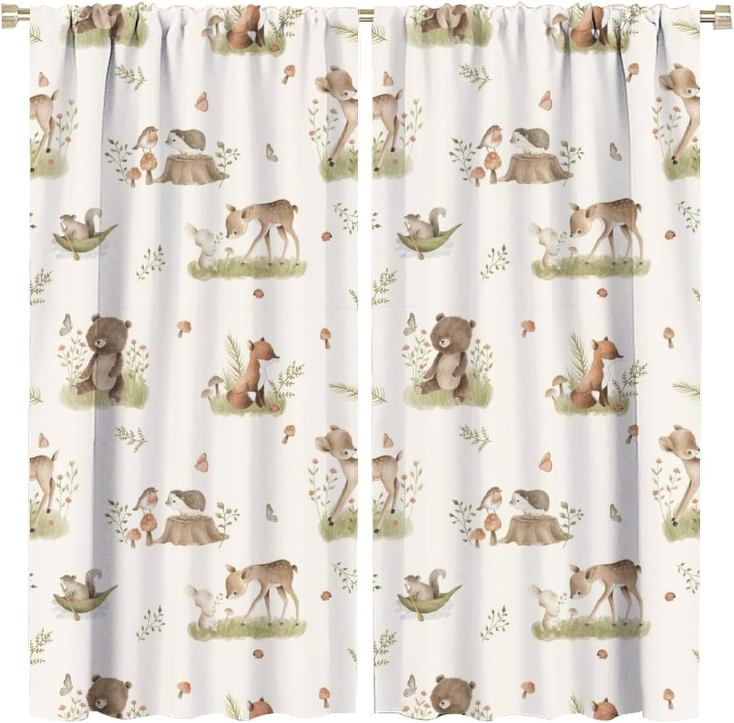 Cute Animal Curtains Watercolor Nature Leaf Squirrel Deer Bear Cartoon ...