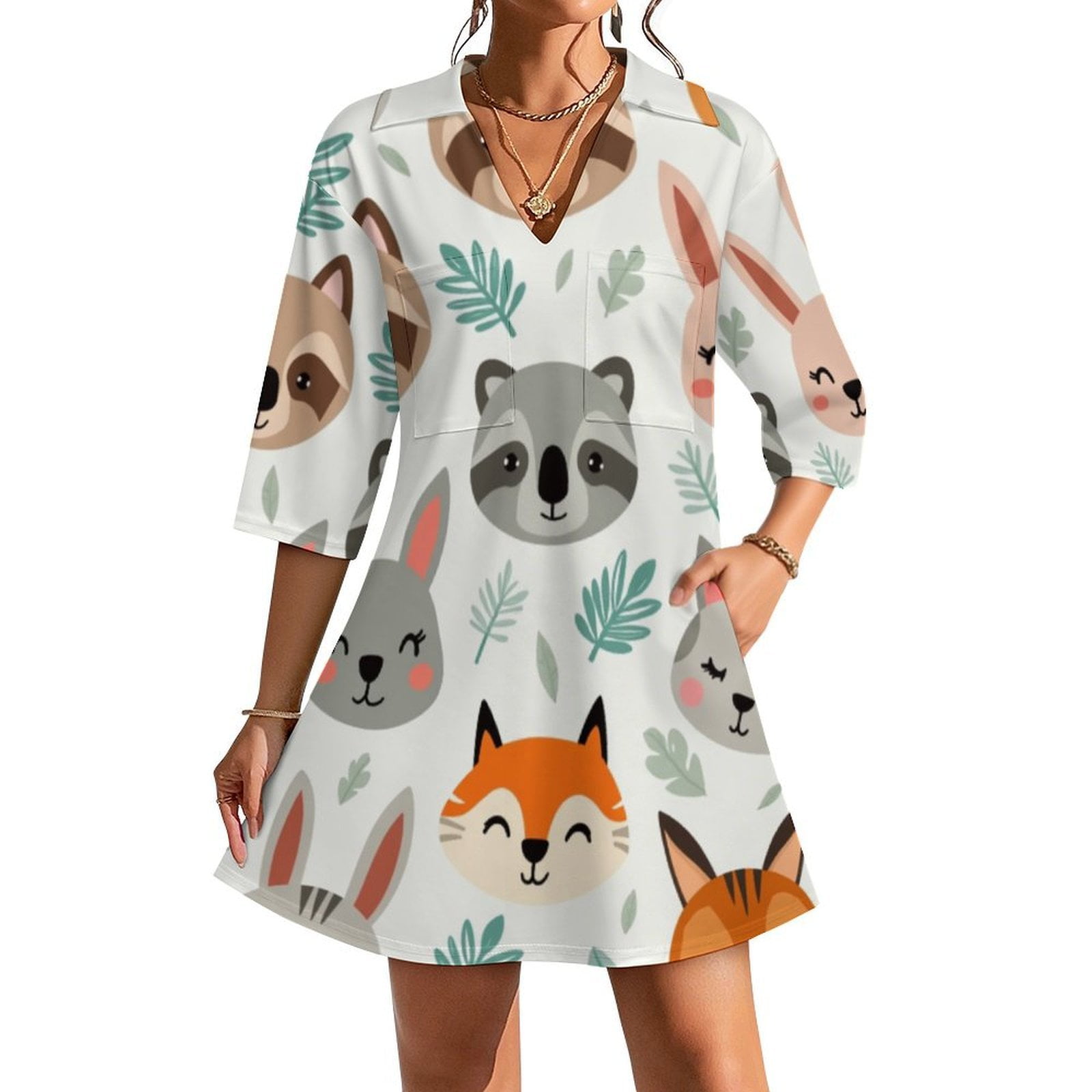 Cute Animal Faces Pattern Womens Dress With Pockets Summer V Neck 3/4 ...