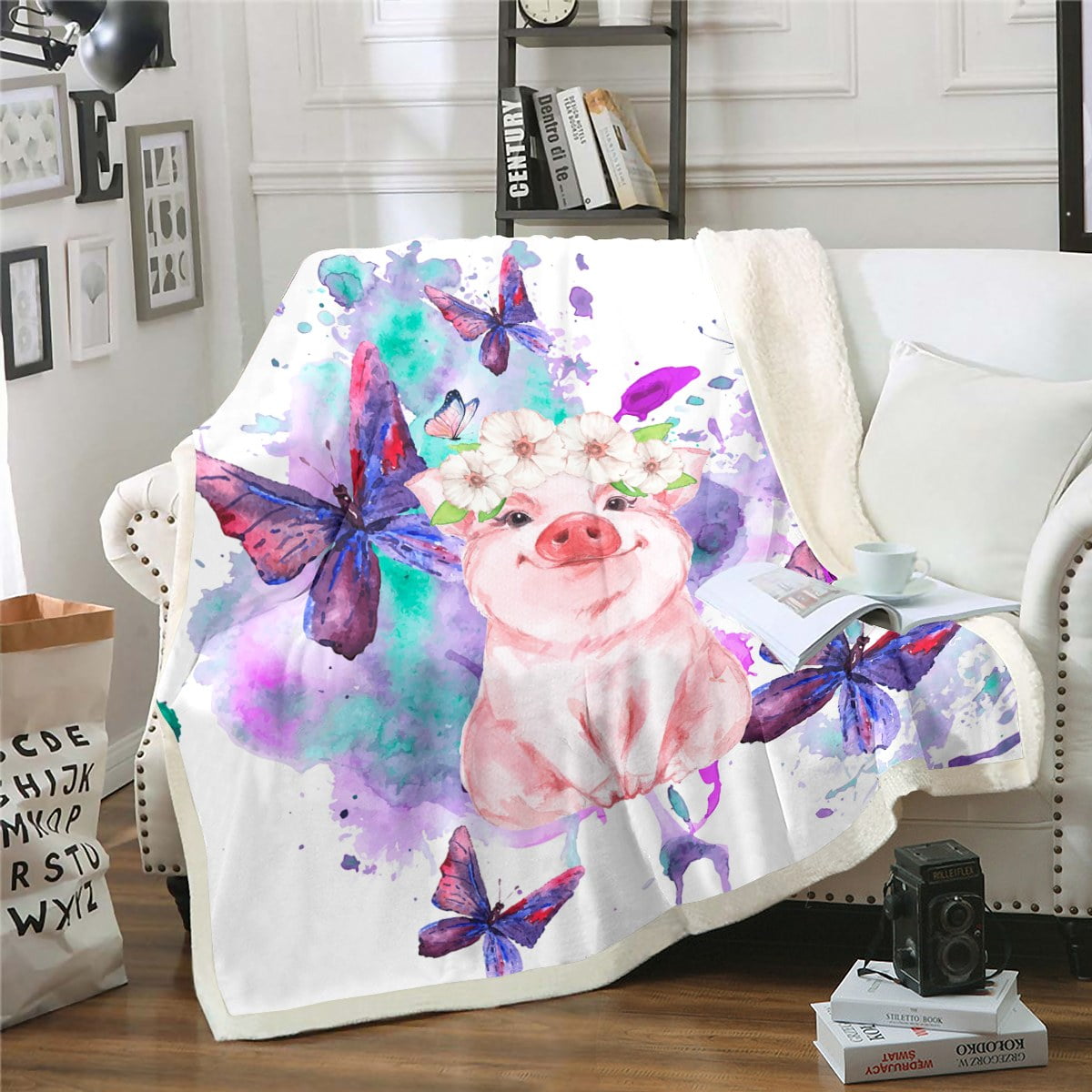 Cute Animal Fleece Blanket Purple Butterfly Blanket, Kawaii Pig Throw ...