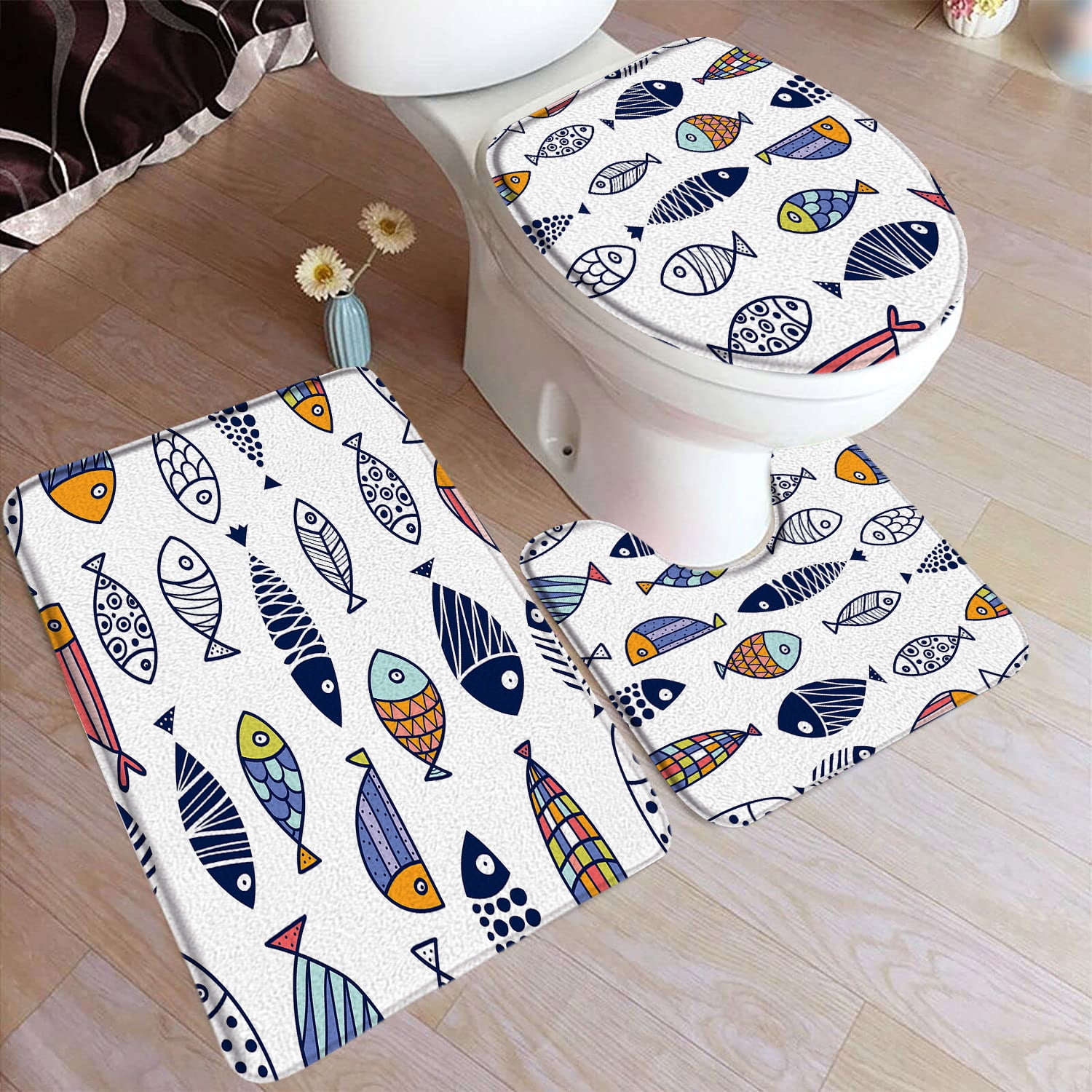 Cute Animal Footprint Bath Mat Set Rustic Colourful Wooden Board ...