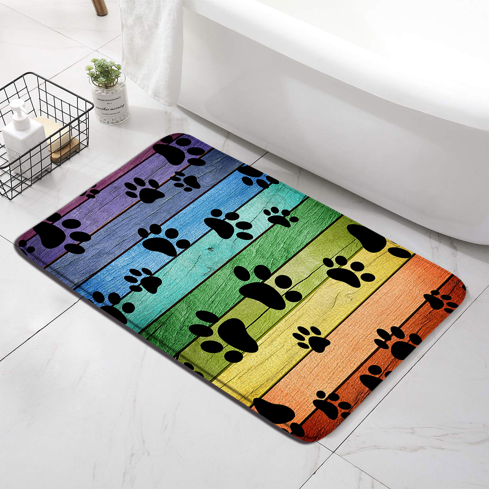 Cute Animal Footprint Bath Mat Set Rustic Colourful Wooden Board ...