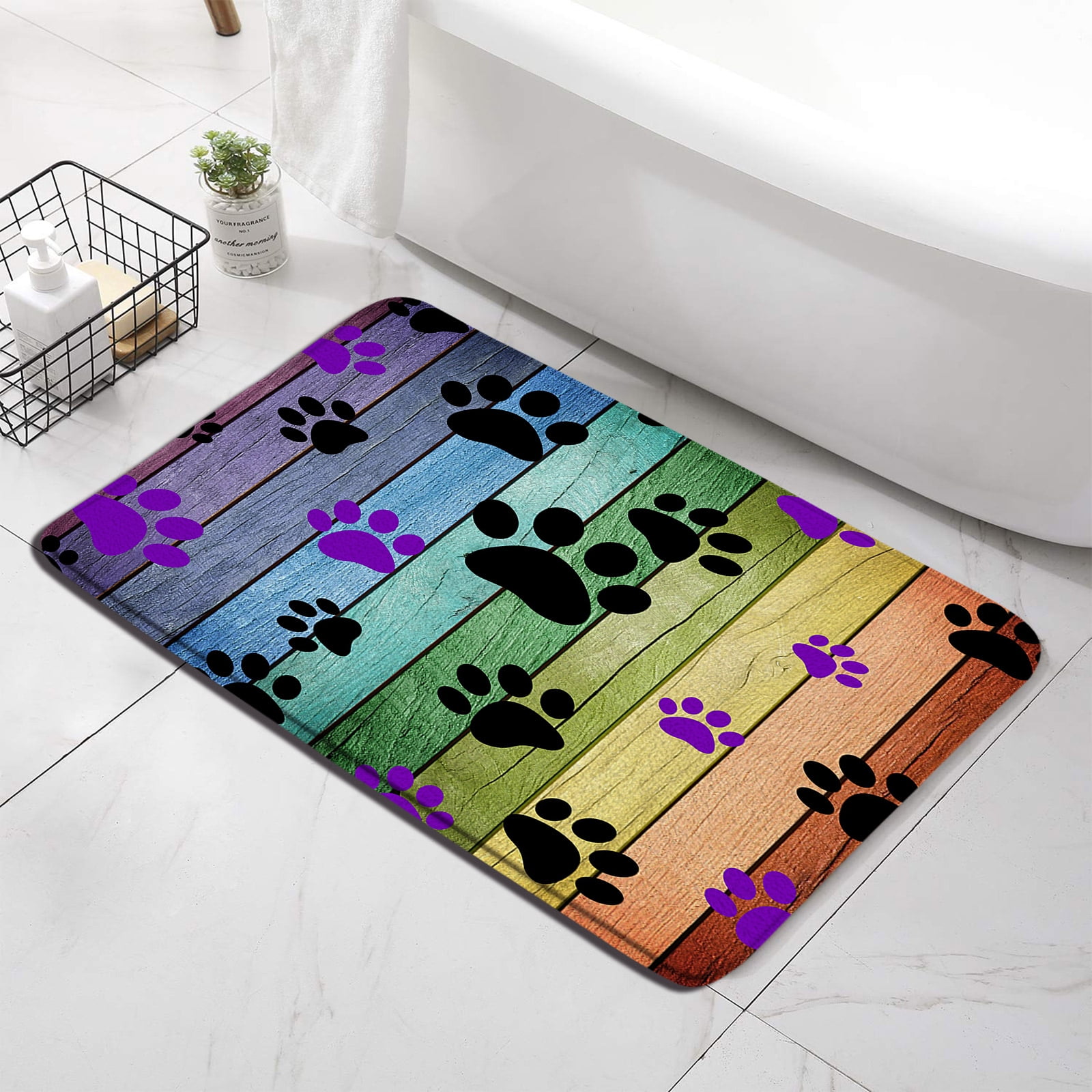 Cute Animal Footprint Bath Mat Set Rustic Colourful Wooden Board ...