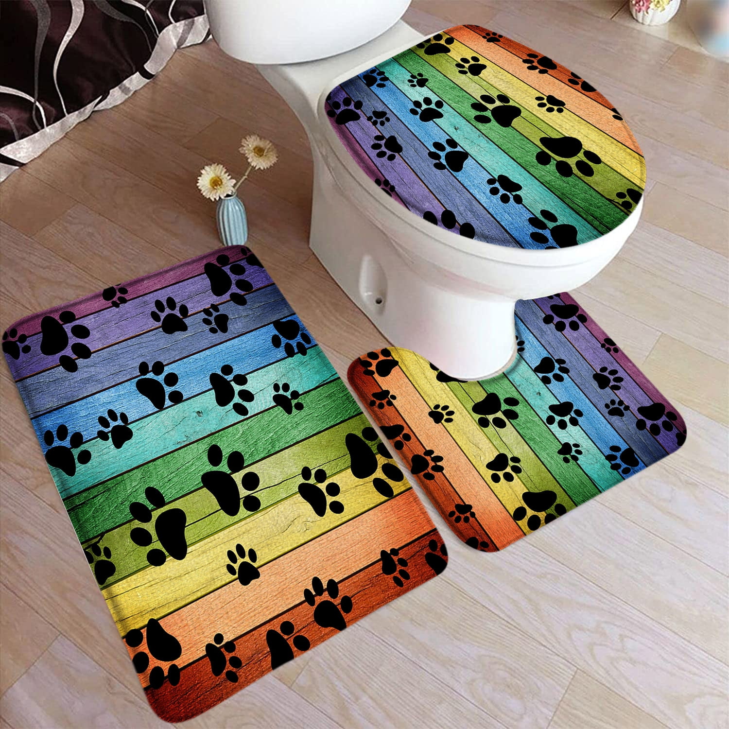 Cute Animal Footprint Bath Mat Set Rustic Colourful Wooden Board ...