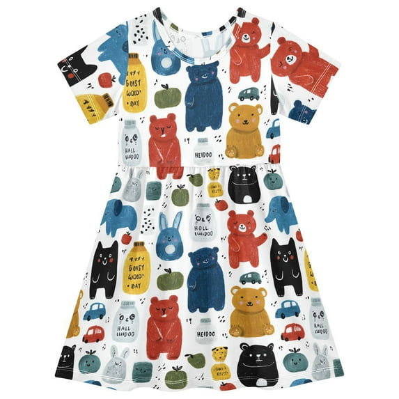 Cute Animal Patterns Short Sleeve Dress A-Line Cute Midi Casual ...