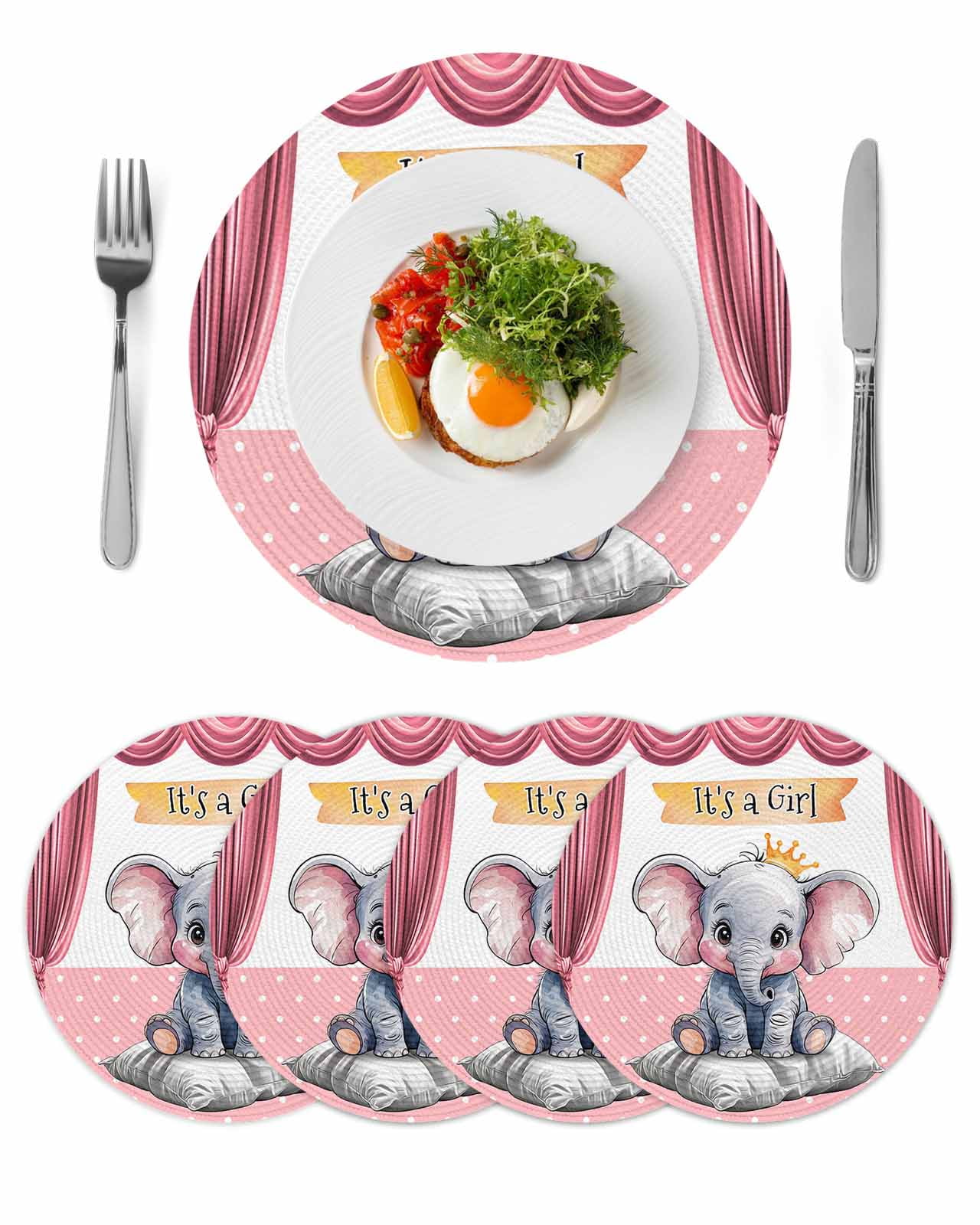 Cute Animal Round Table Placemats set of 4, Vintage Polka Dot Elephant ...