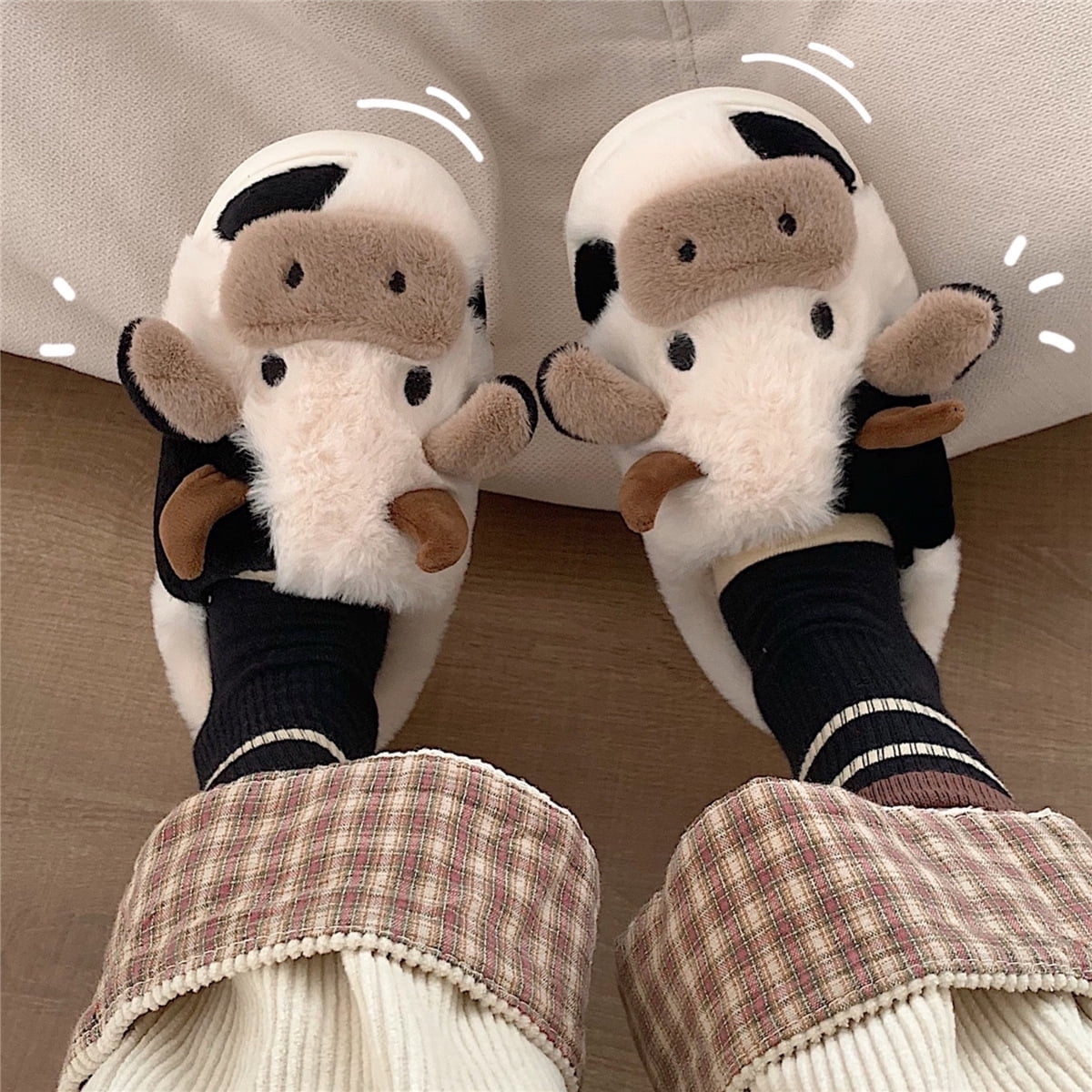 Cute Animal Slipper For Women Girls Kawaii Fluffy Winter Warm Slippers Woman Cartoon Milk Cow ...