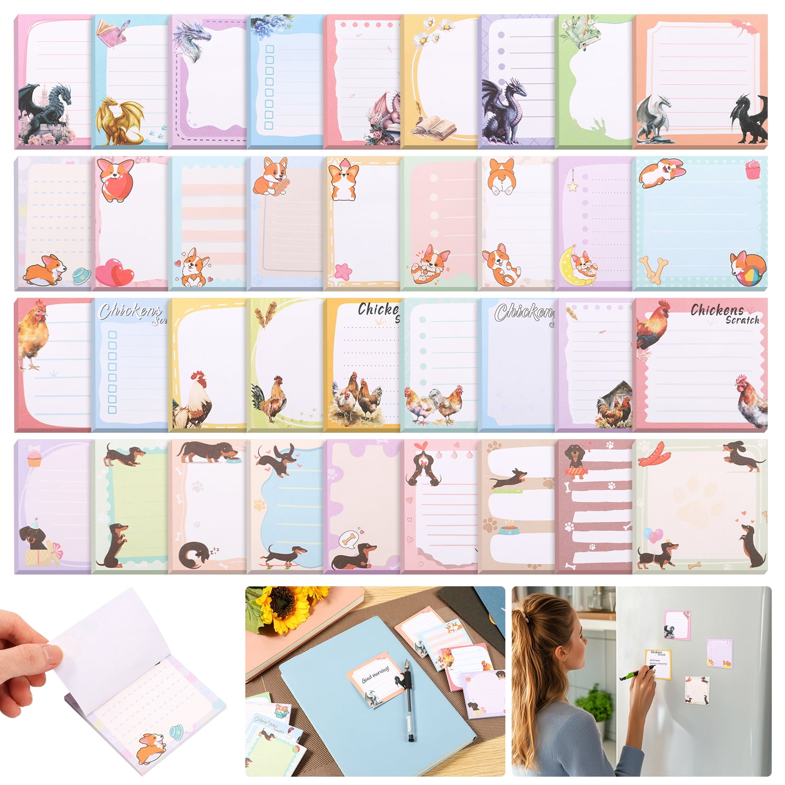 Cute Animal Sticky Notes 36 Pack, Self Adhesive Sticky Notes 3x3 Inch ...