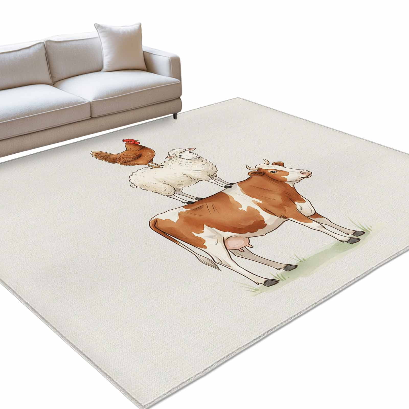 Cute Animals 3x5ft Non Slip Area Rug Watercolor Cow Chicken Cartoon ...