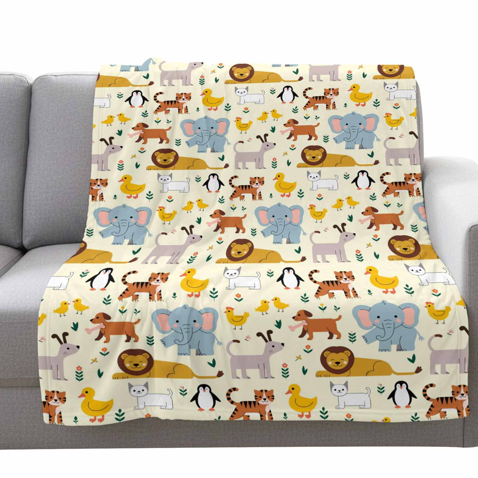 Cute Animals Fleece Throw Blanket Lightweight Elephants Tigers Lions ...