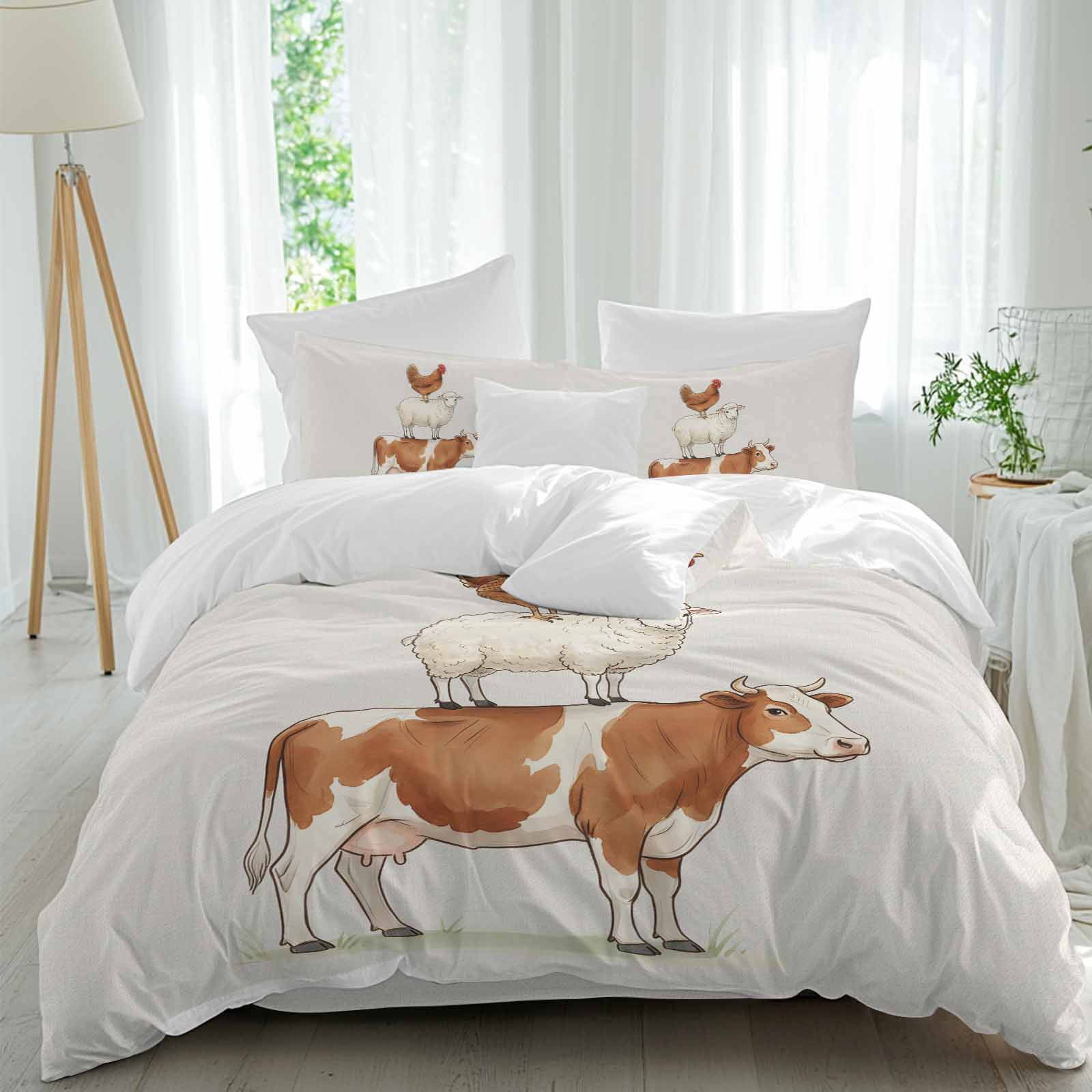 Cute Animals Full Duvet Cover Set, Watercolor Cow Chicken Cartoon Sheep ...