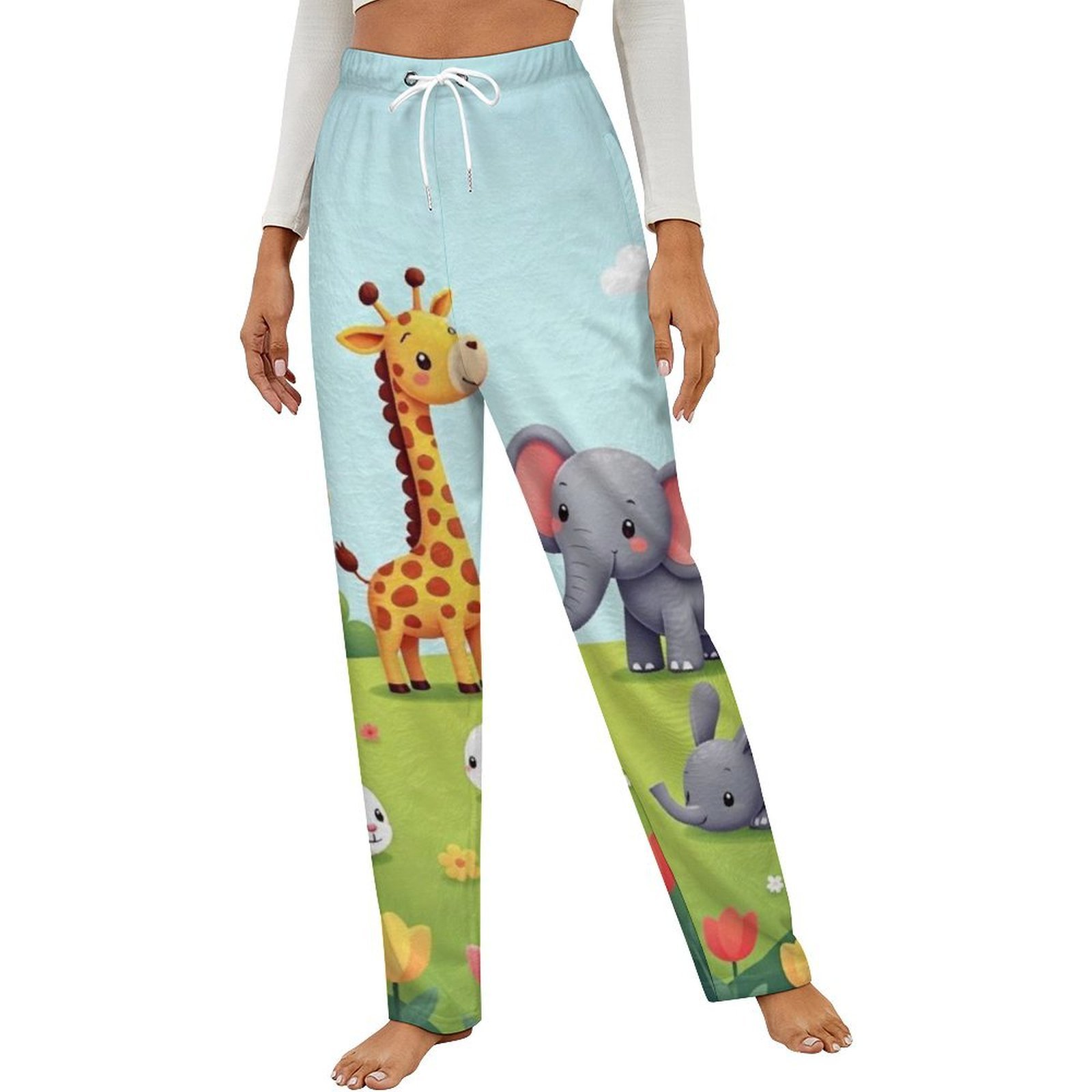 Cute Animals In Spring Garden Winter Female Pants Flannel High Waist ...