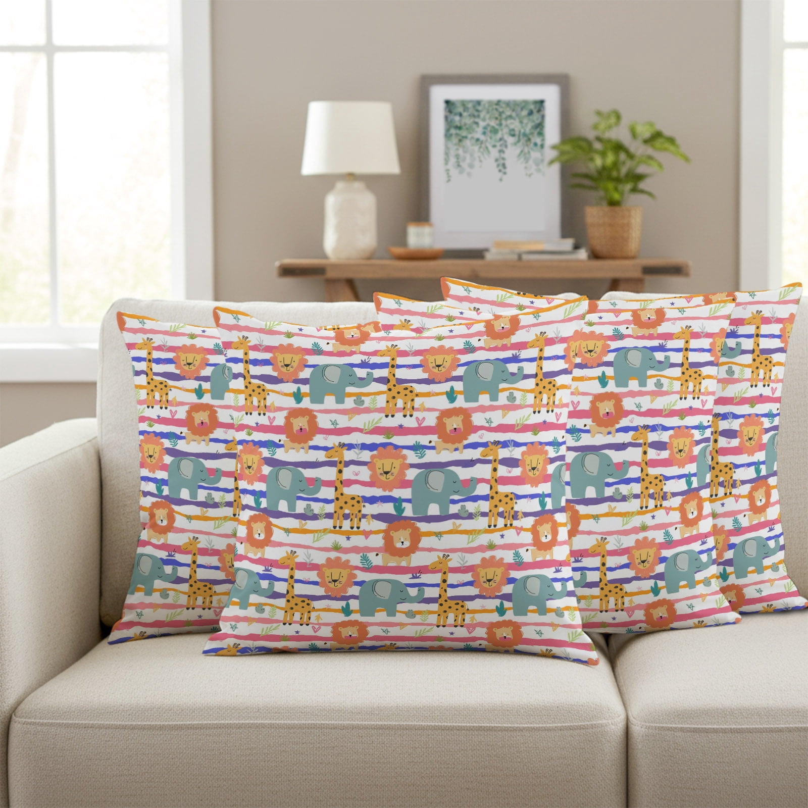 Cute Animals Pillow Covers Set of 4, Lovely Cartoon Lion Giraffe ...